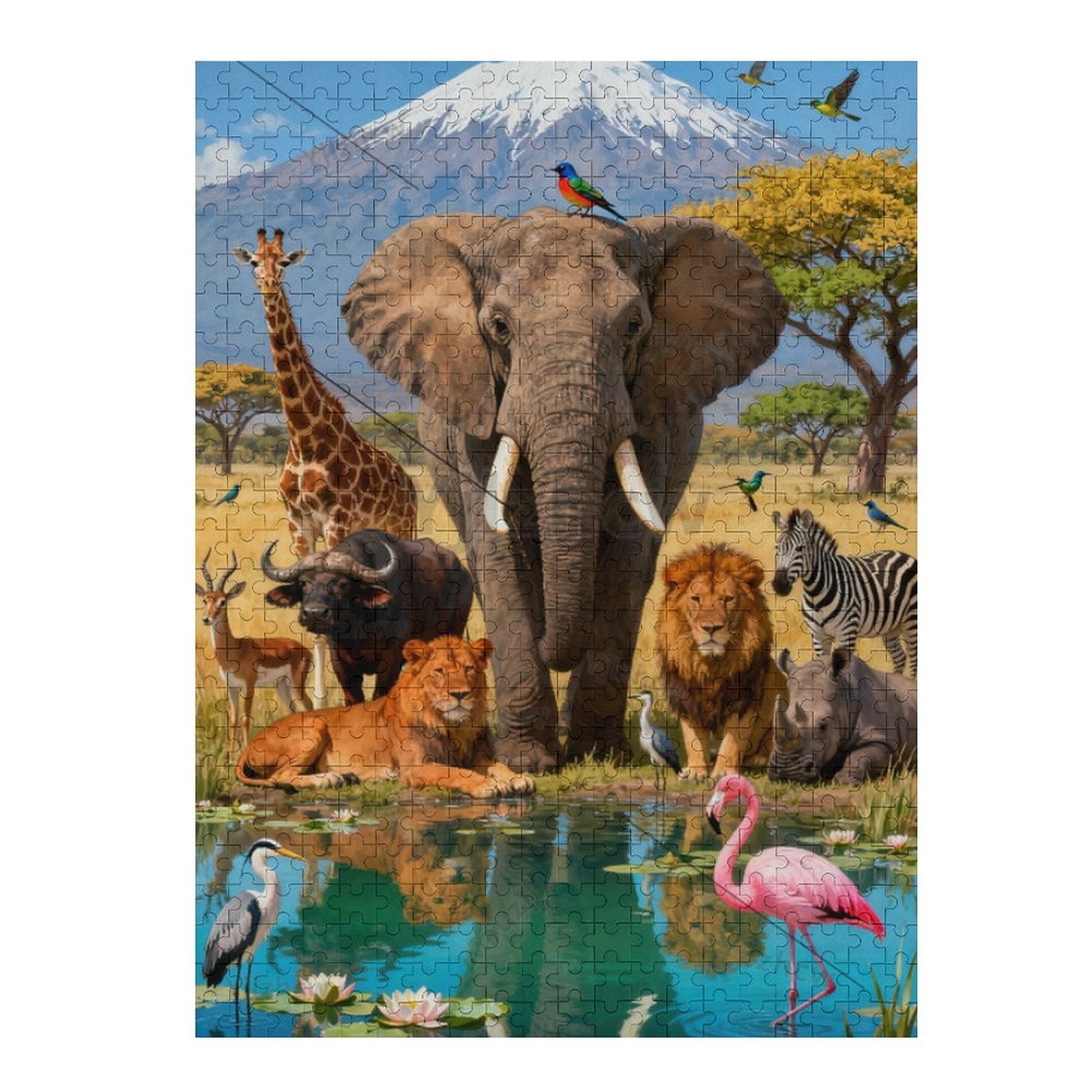 Colorful African Animals at Waterhole with Flamingo Elephant Lion ...