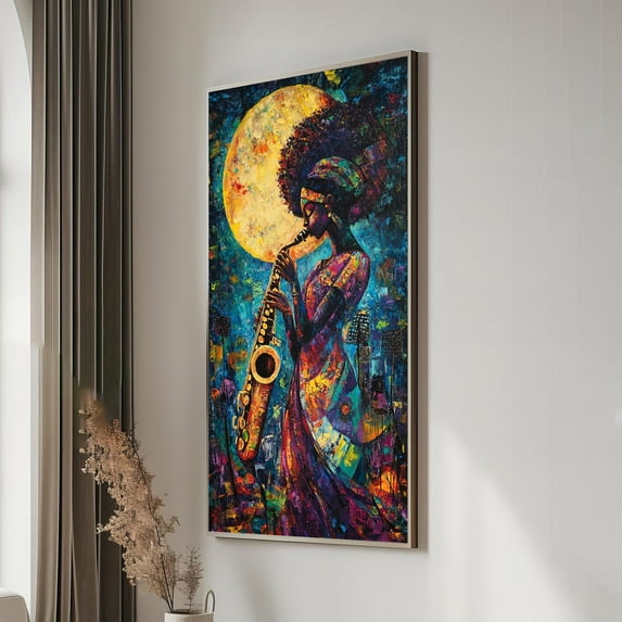 Colorful Afro Woman Playing Saxophone Under The Moon | Vibrant Music ...