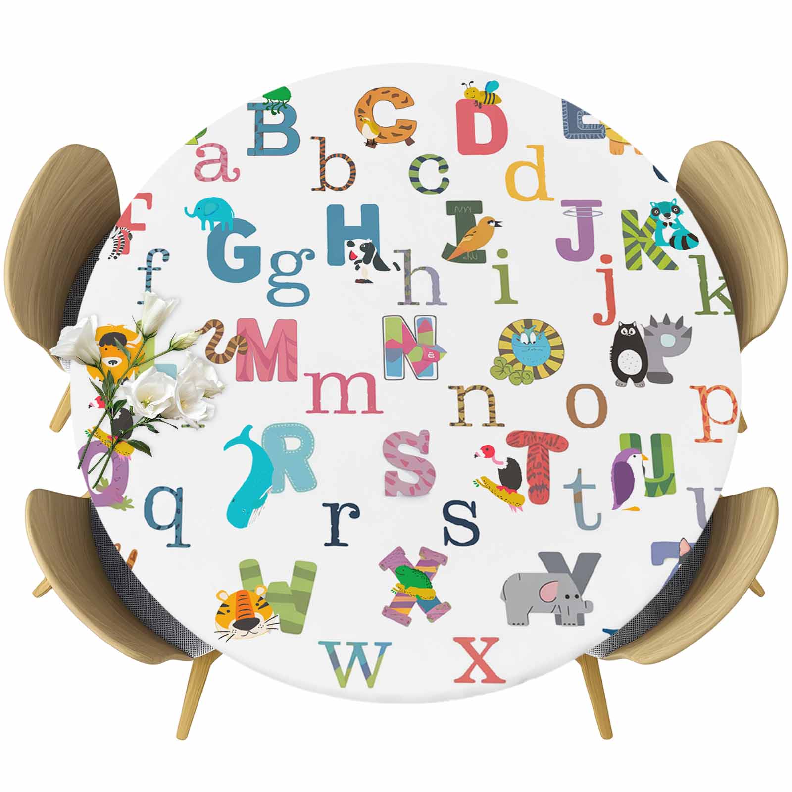 Colorful Alphabet Table Cloth, Round Fitted Tablecloths with Elastic ...