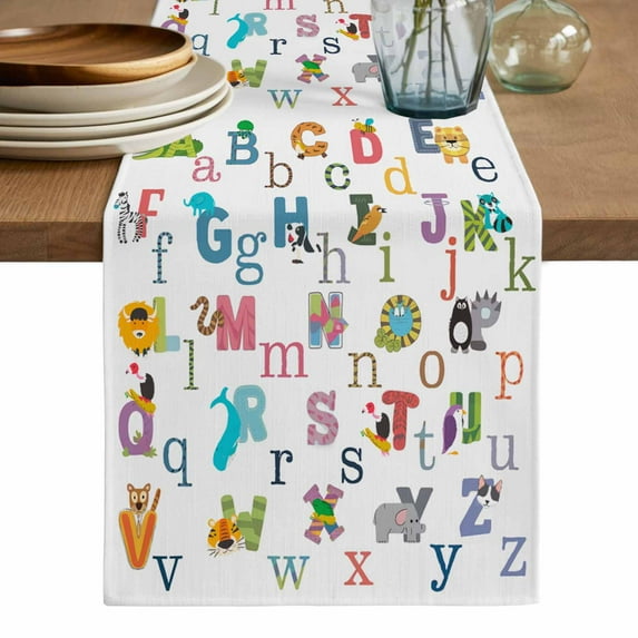 Colorful Alphabet Table Runner, Cartoon Animal Color Block Art Washable ...