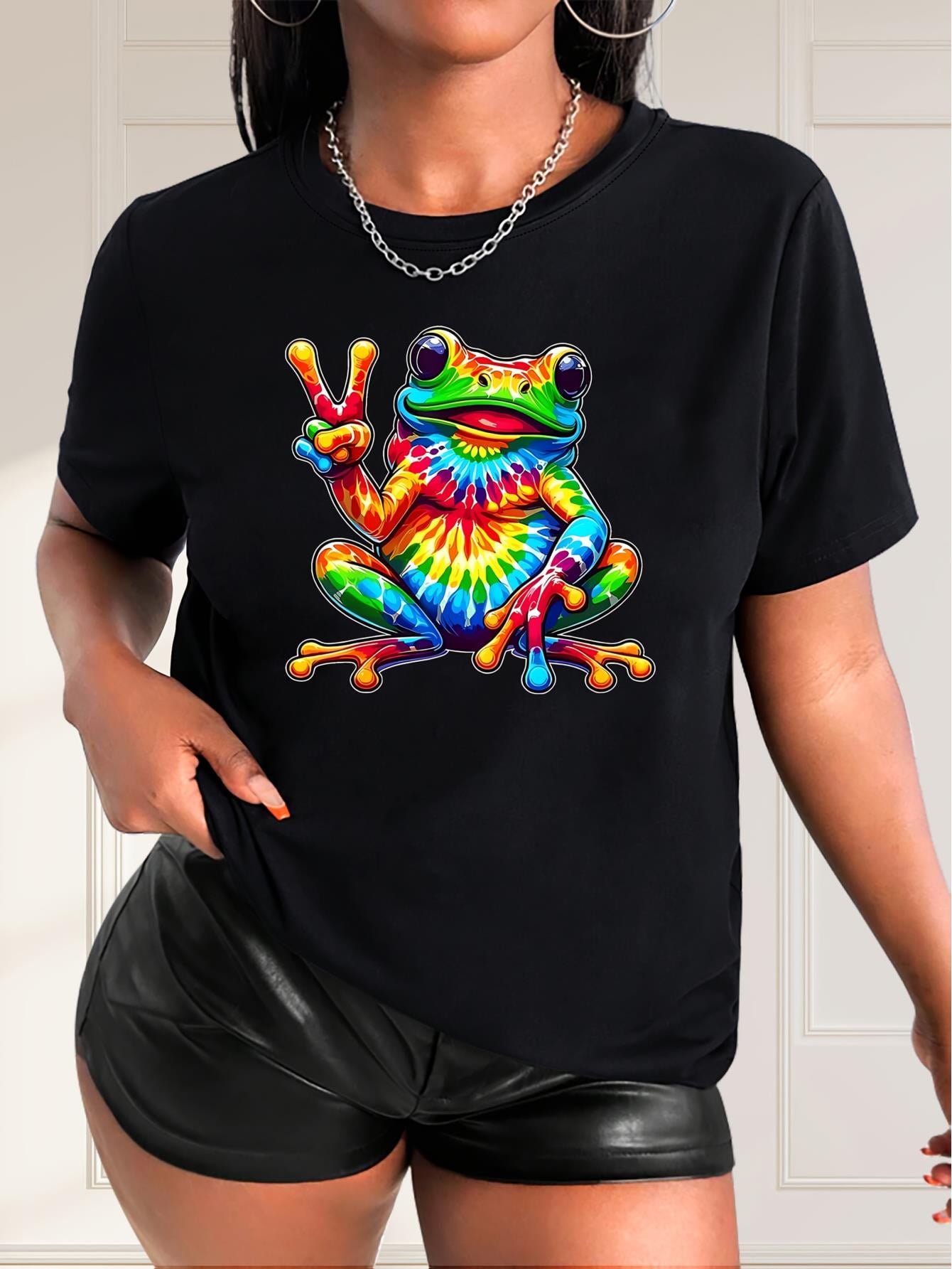 Colorful And Cute Frog Graphic T-Shirt for Black Women, Featuring a ...