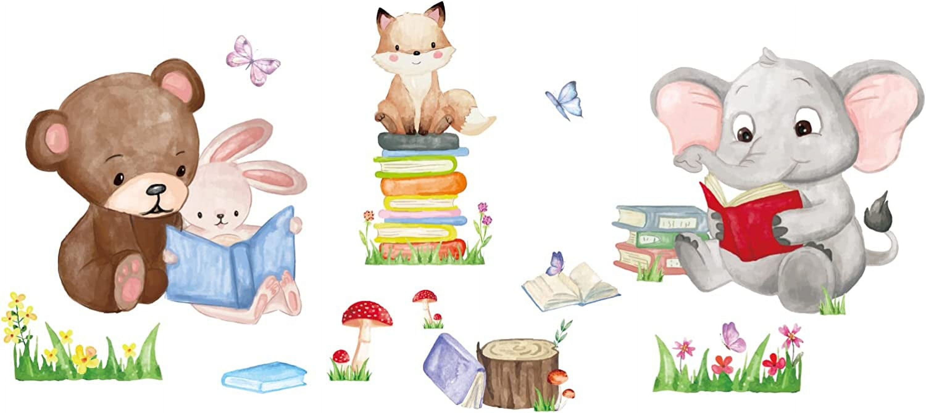 Colorful Animals Reading Books Wall Sticker Elephant Rabbit Fox Wall ...