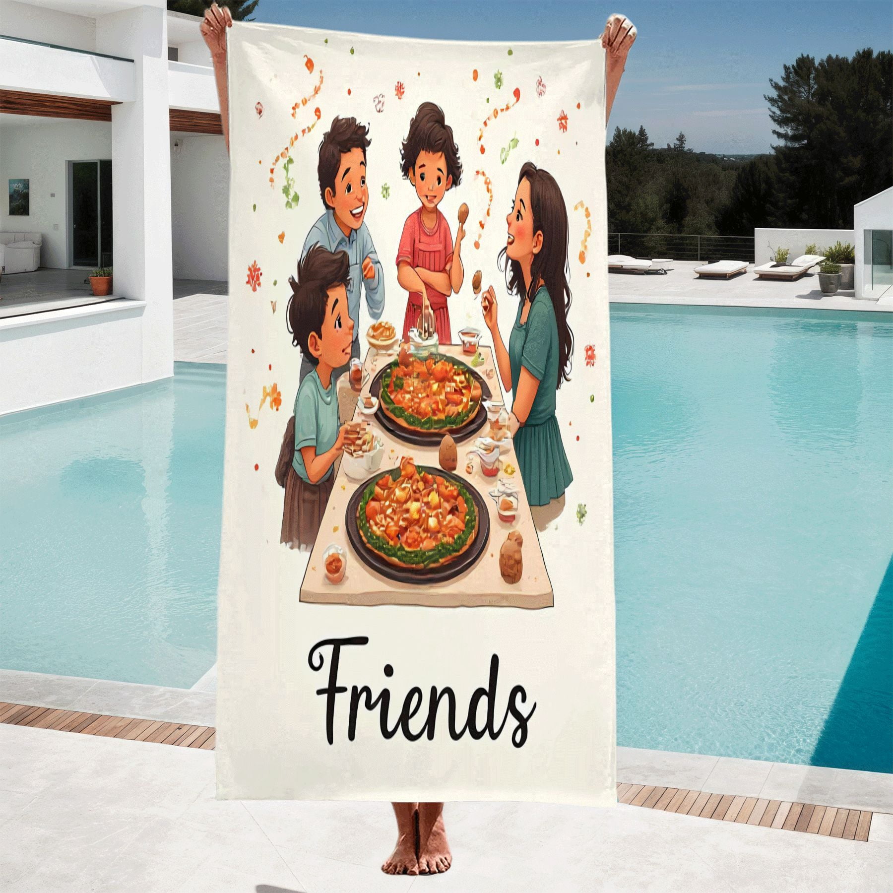 Colorful Animated Friends Beach Towel - Fun Pizza Feast Design Perfect ...