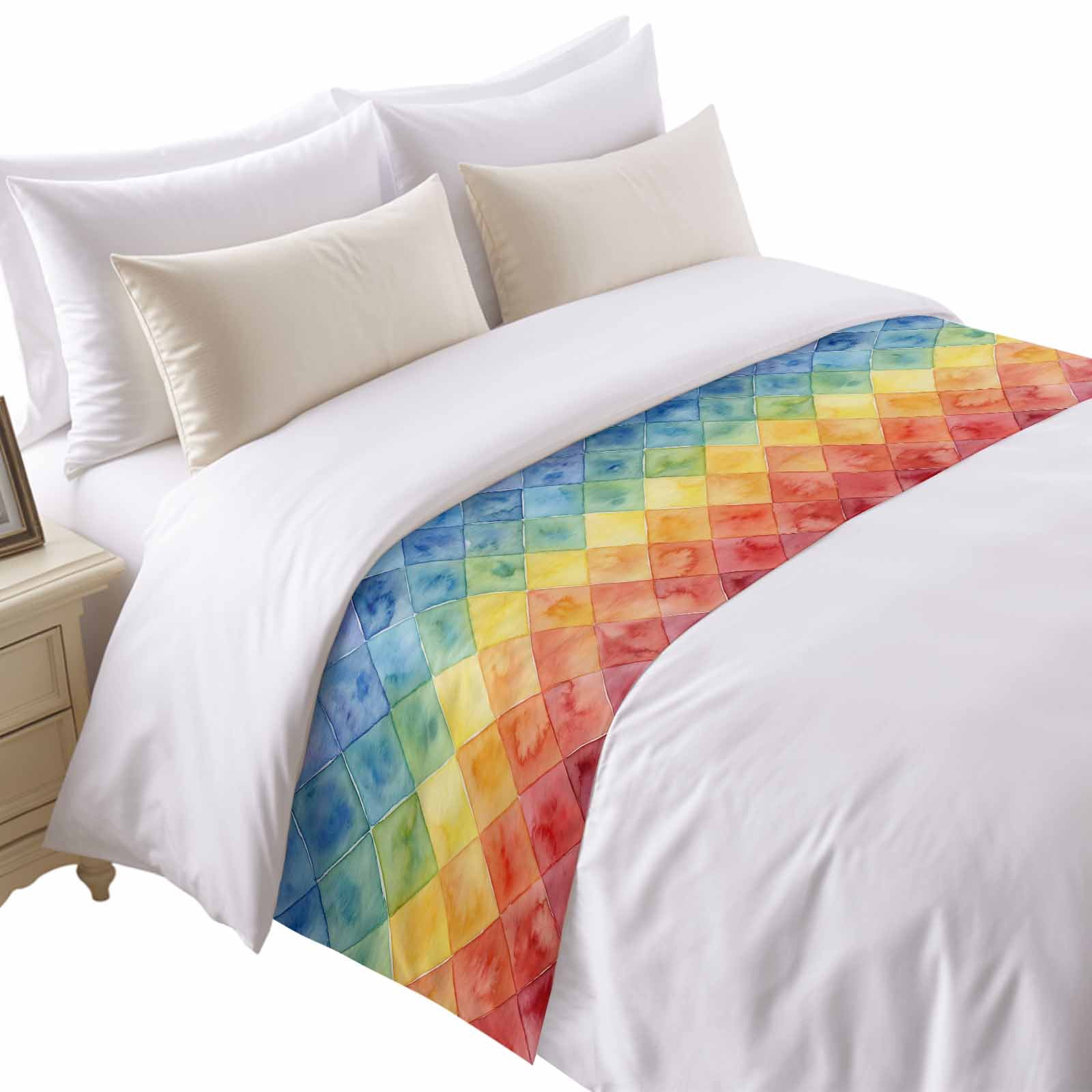 Colorful Argyle Geometric Bed Runner for Queen Size Bed, Watercolor ...