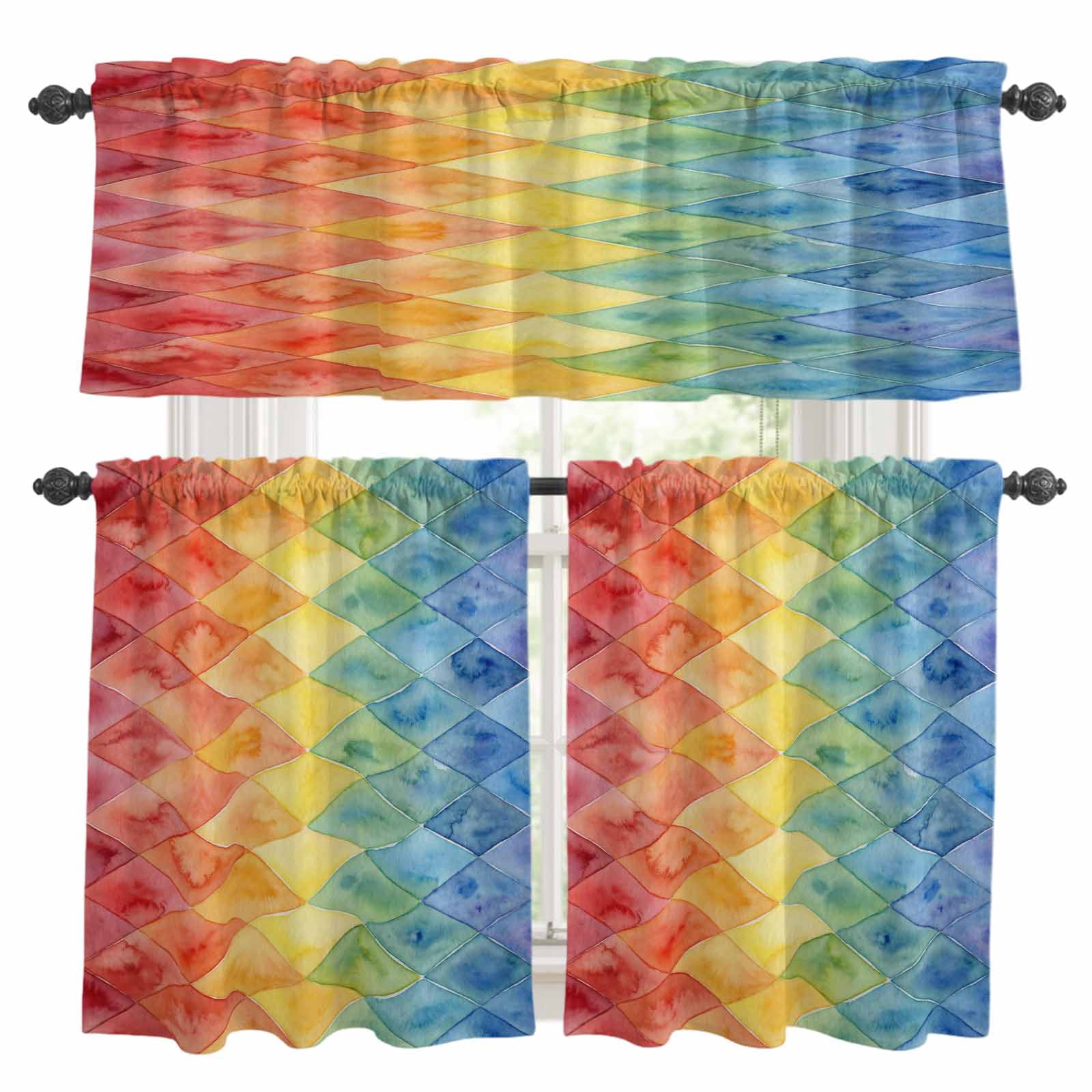 Colorful Argyle Geometric Kitchen Curtains Valances and Tiers Set of 3 ...