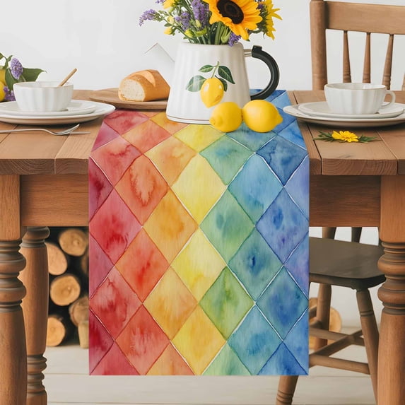 Colorful Argyle Geometric Table Runner 18x72 Inch Watercolor Rainbow ...