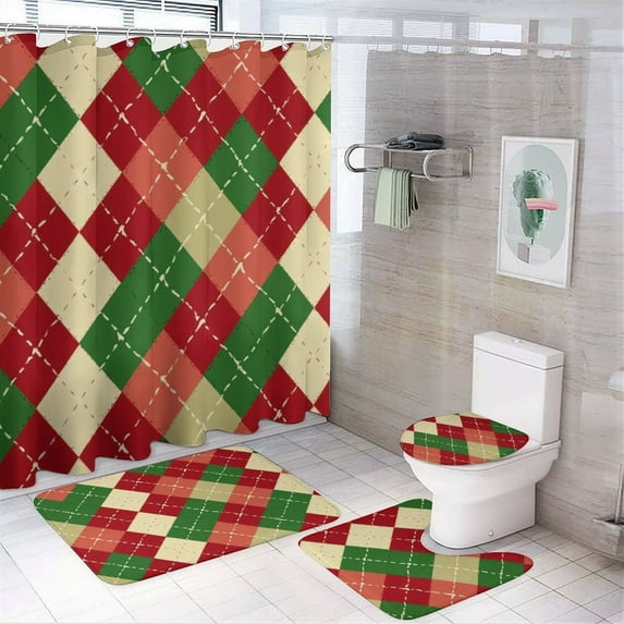 Colorful Argyle Pattern Shower Curtain Bathroom Sets Toilet Lid Rug ...