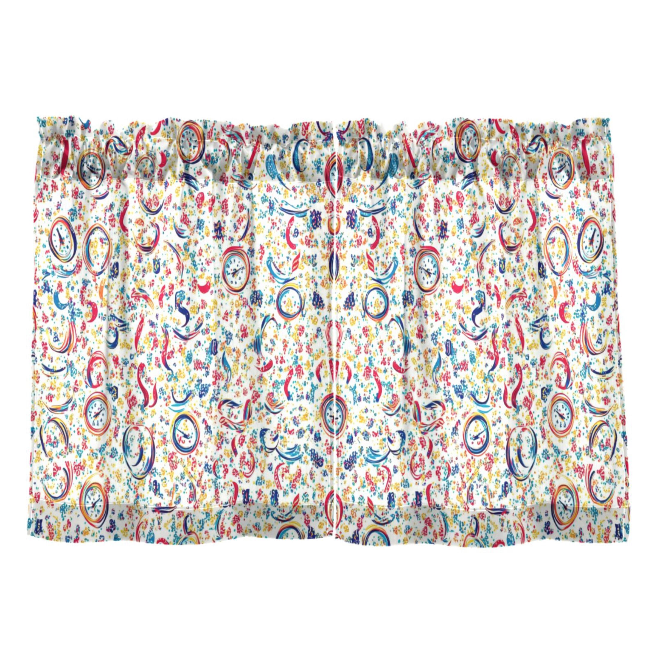 Colorful Art Clocks Kitchen Curtains Tier Set 27x24 Inch 2 Panels Semi ...