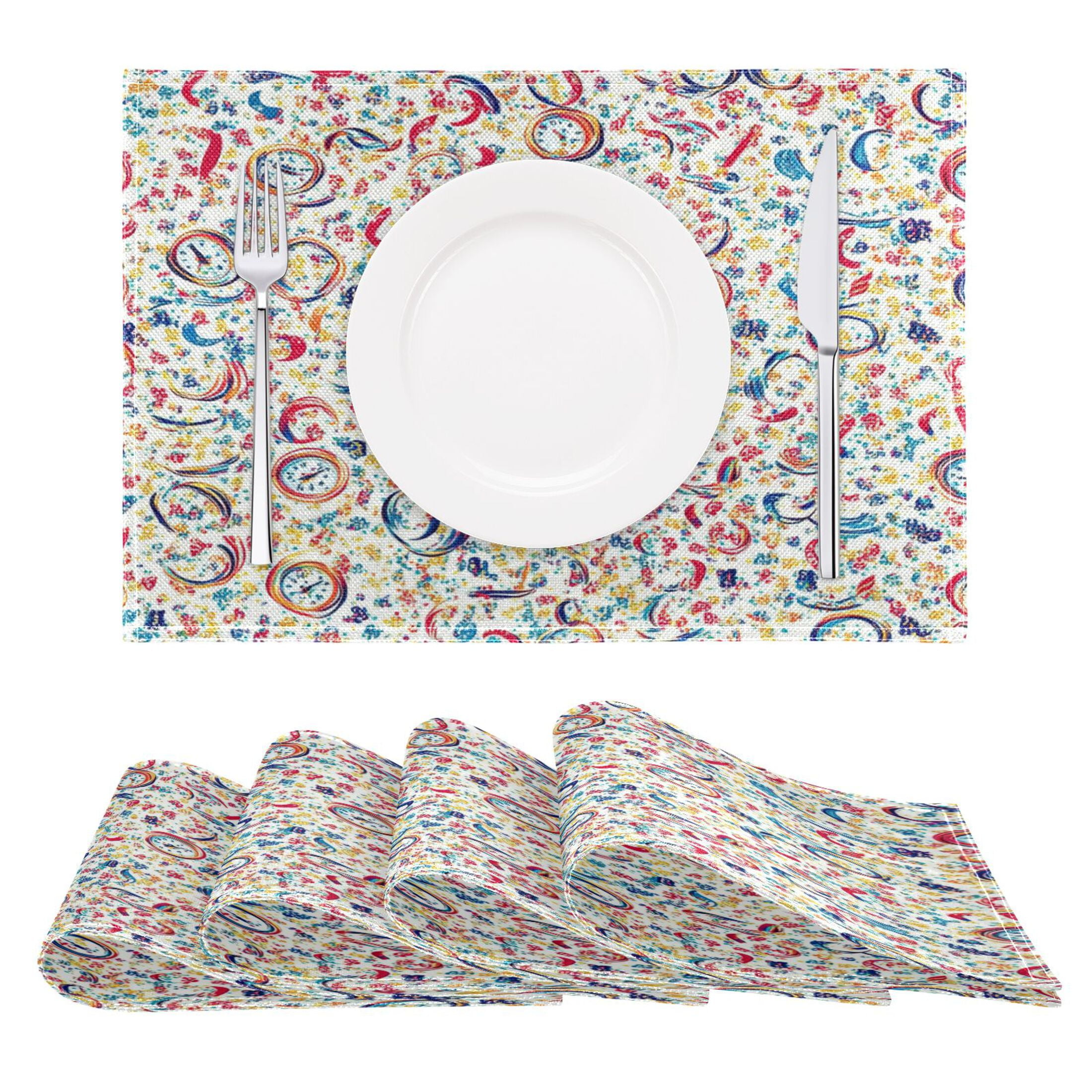 Colorful Art Clocks Reversible Placemat Set of 4 Non Slip Coffee Mats ...