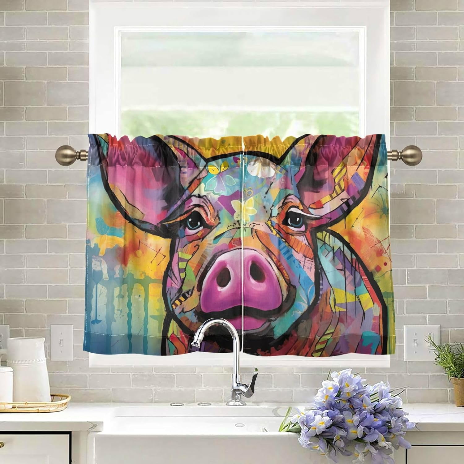 Colorful Art Pig Half Window Tier Curtains 24 Inch Blackout Thermal ...