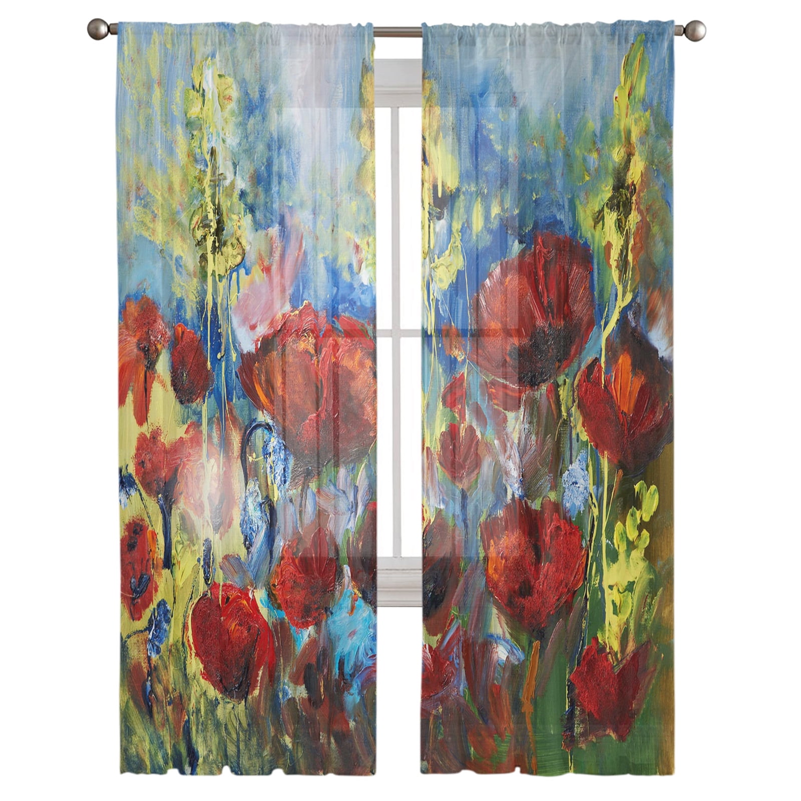 Colorful Art Poppy Oil Painting Sheer Curtain for Living Room Bedroom ...