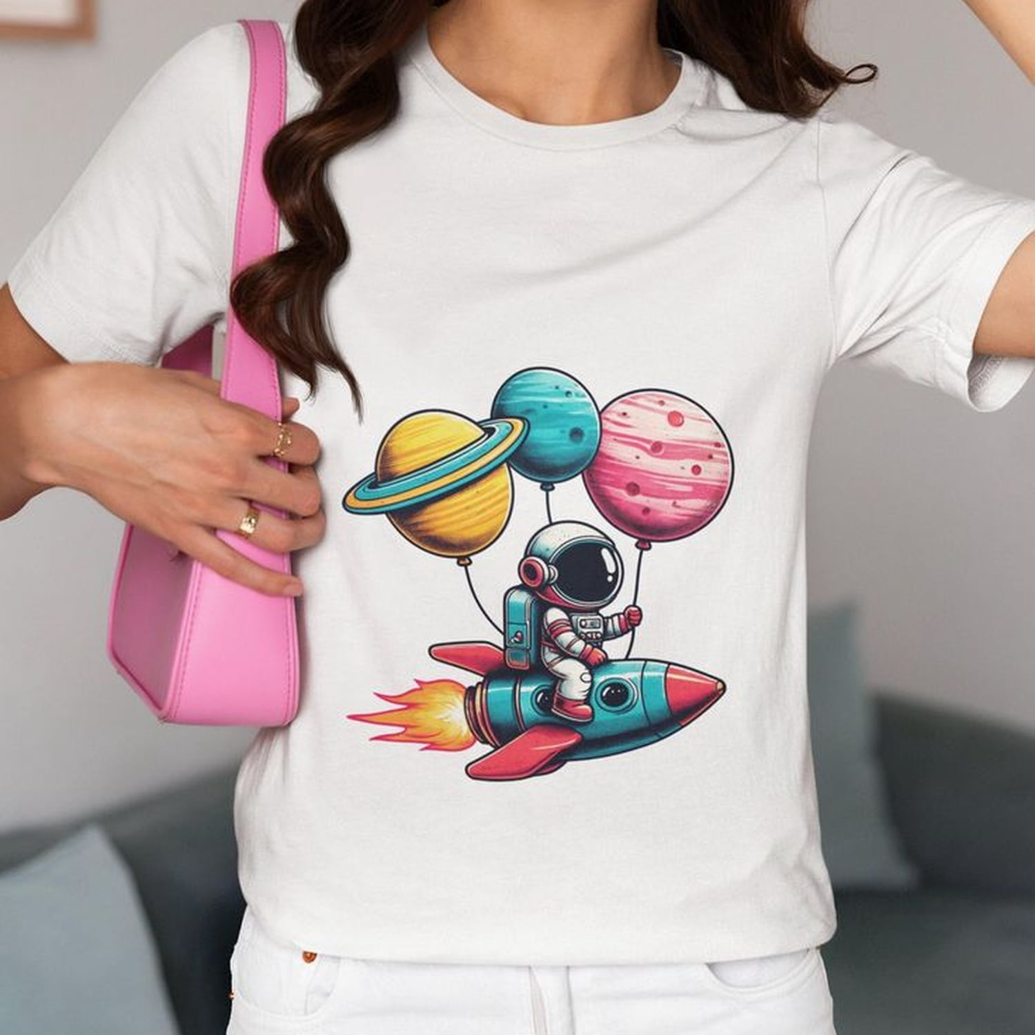 Colorful AstR1onaut Riding R1OCket wi1th Planet BalloonS1 Hirt UniS1ex ...