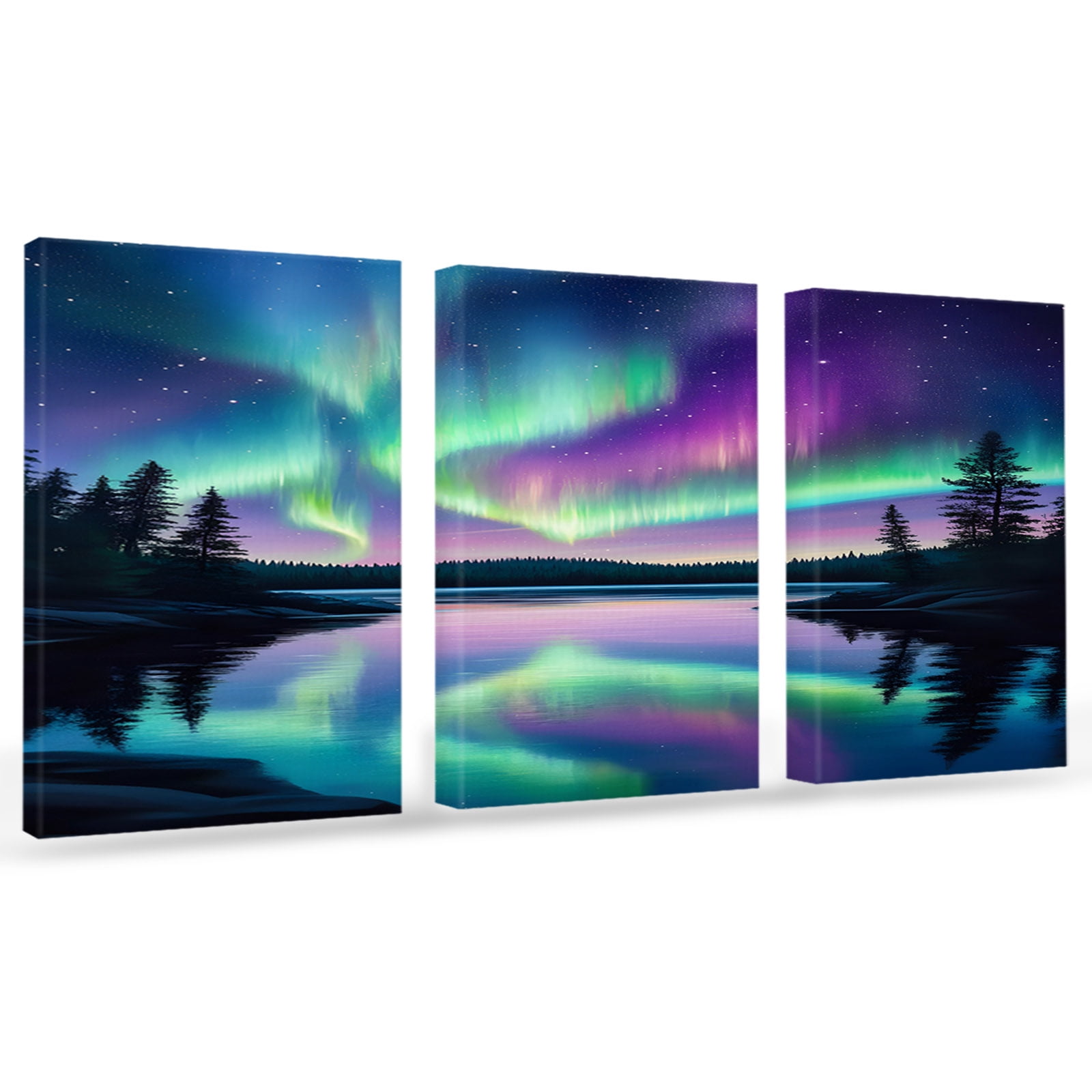 Colorful Aurora Canvas Wall Art 3 Panels, Starry Sky Lake Nature Forest ...