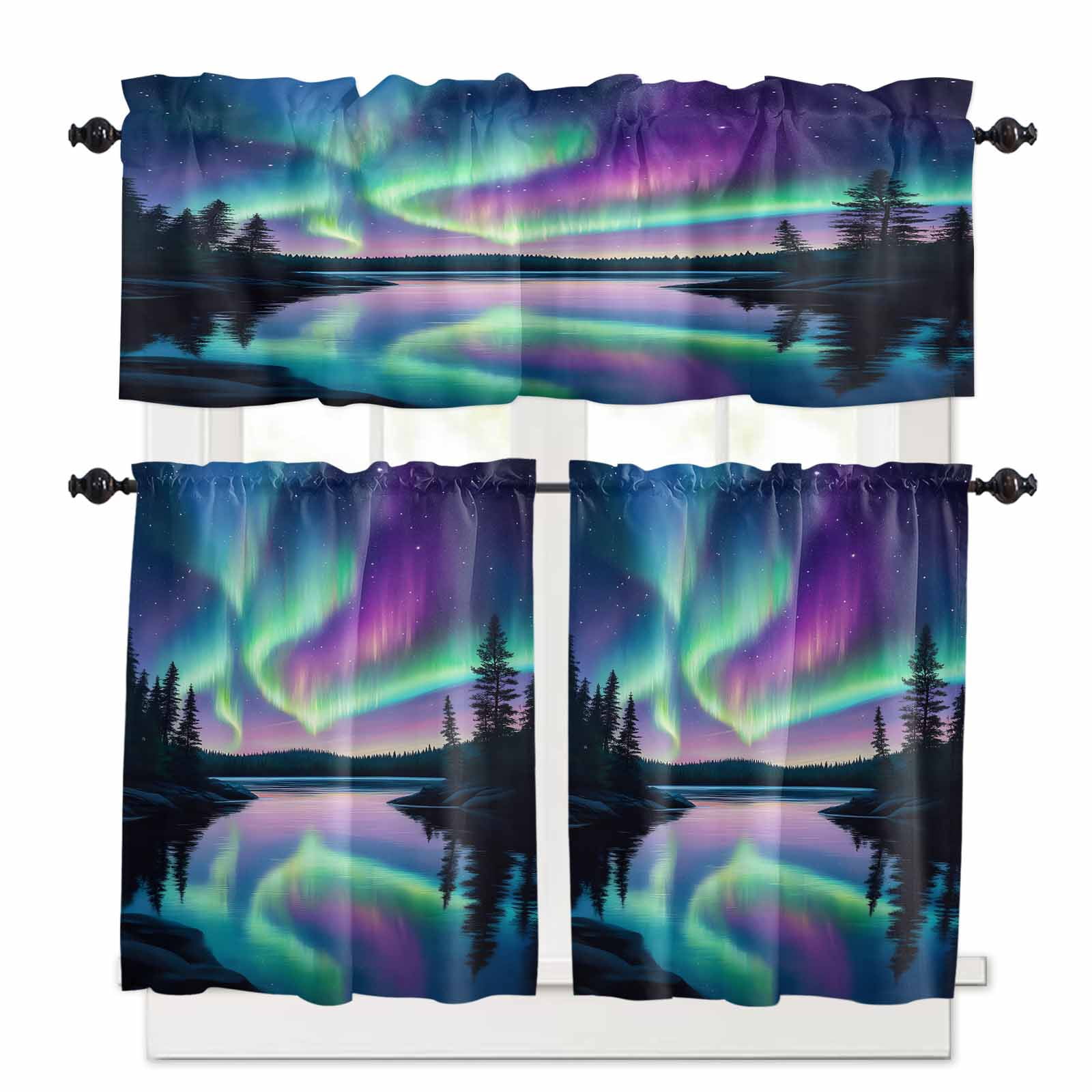 Colorful Aurora Kitchen Curtains Valance and Tier Set Starry Sky Lake ...