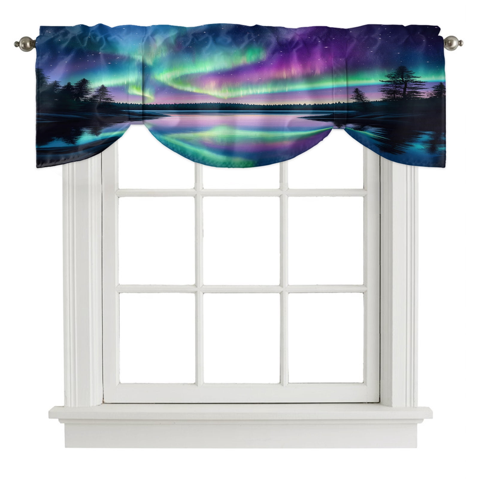Colorful Aurora Tie Up Valances Curtain, Starry Sky Lake Nature Forest ...