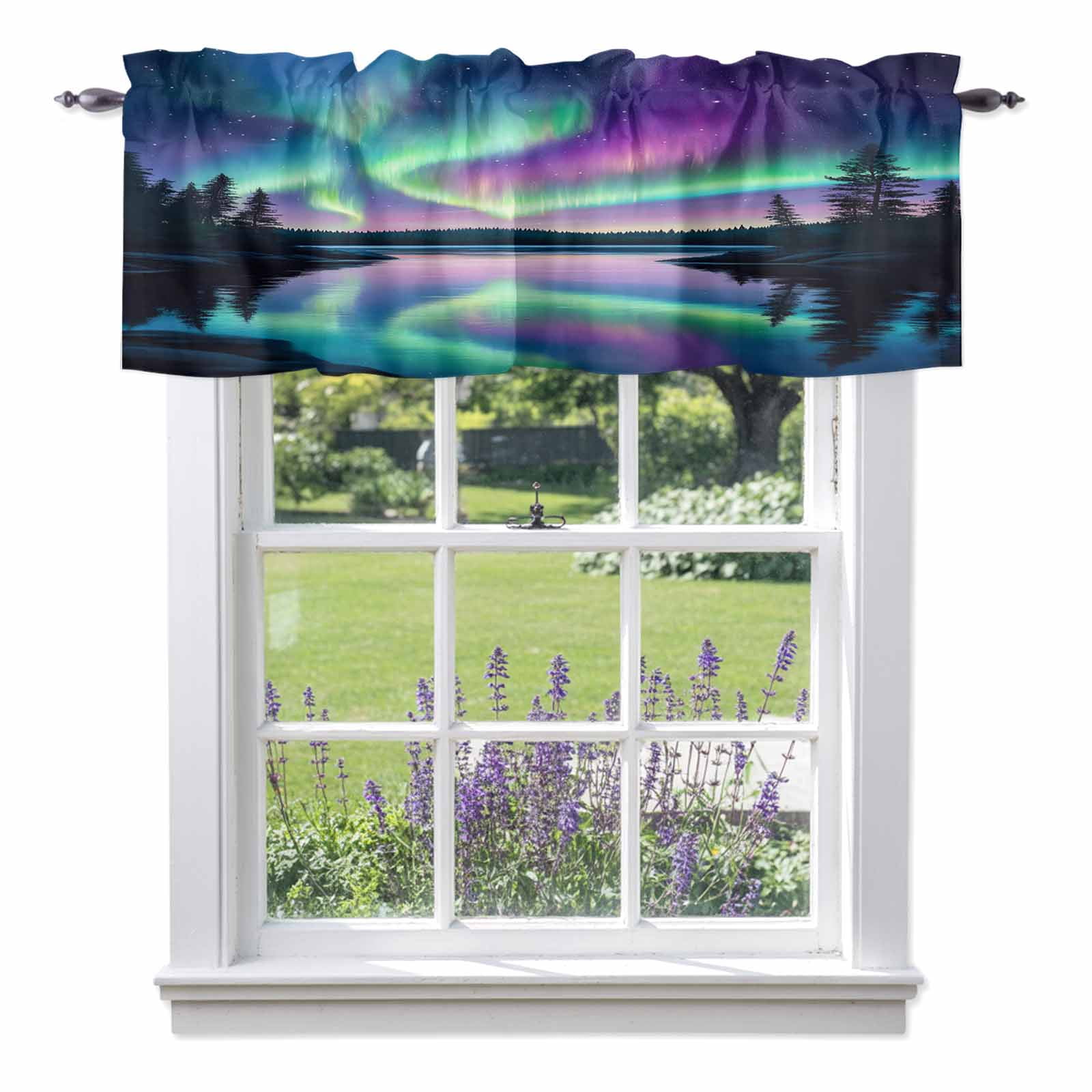 Colorful Aurora Valances for Windows, Starry Sky Lake Nature Forest ...