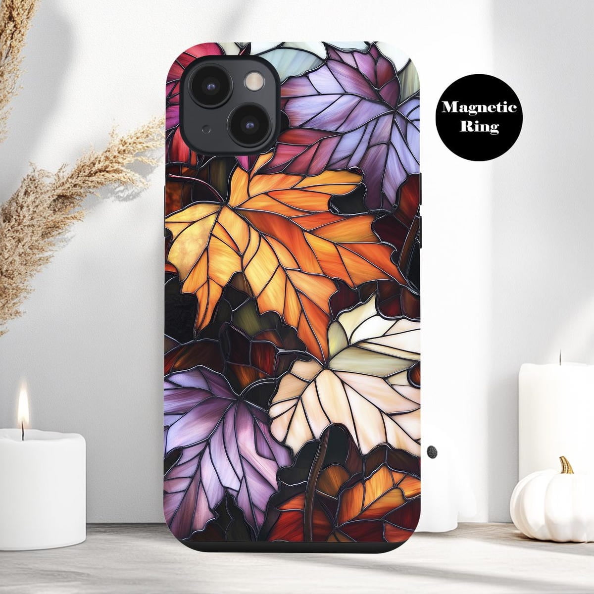 Colorful Autumn Leaf Art MagSafe Phone Cover with a Stained Glass Fall ...