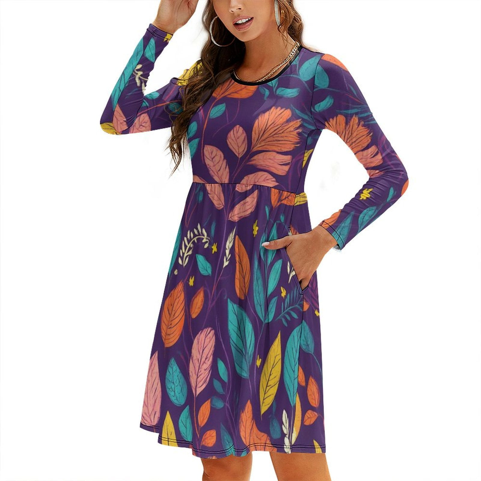 Colorful Autumn Leaves Vibrant Pattern Fall Dresses for Women Long ...