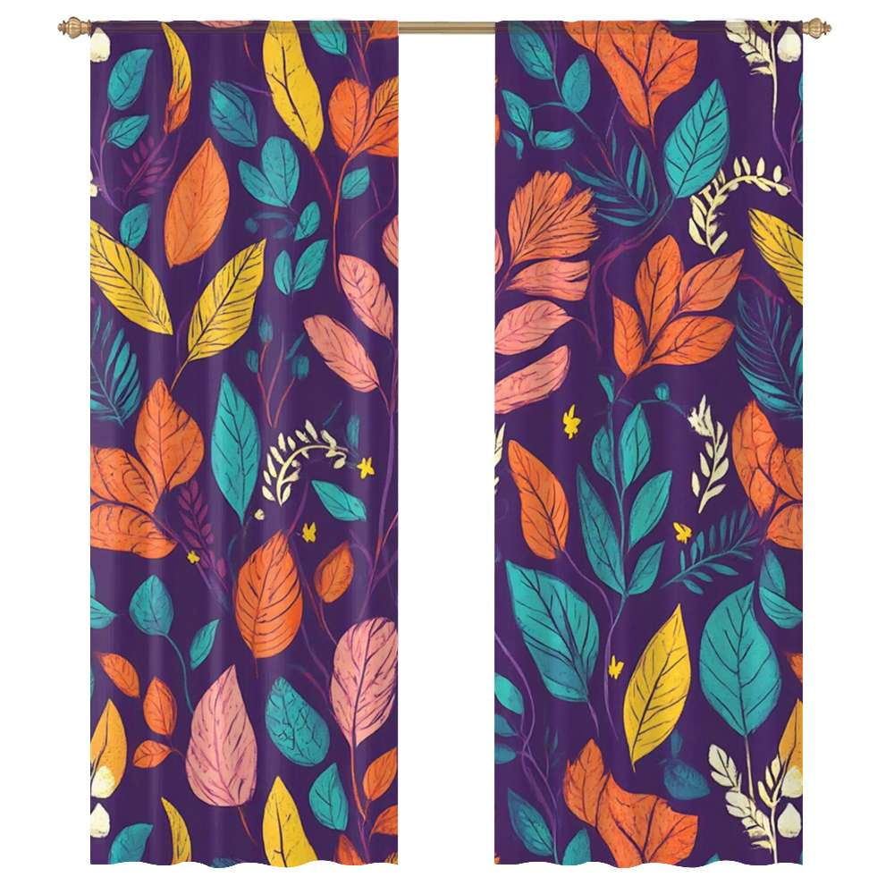 Colorful Autumn Leaves Vibrant Pattern Sheer Voile Curtain Window Tulle ...