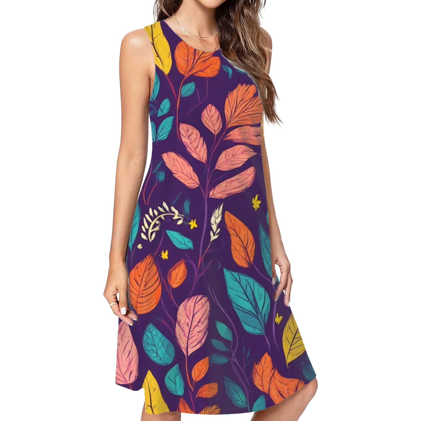 Colorful Autumn Leaves Vibrant Pattern Spring Summer Dresses For Women ...