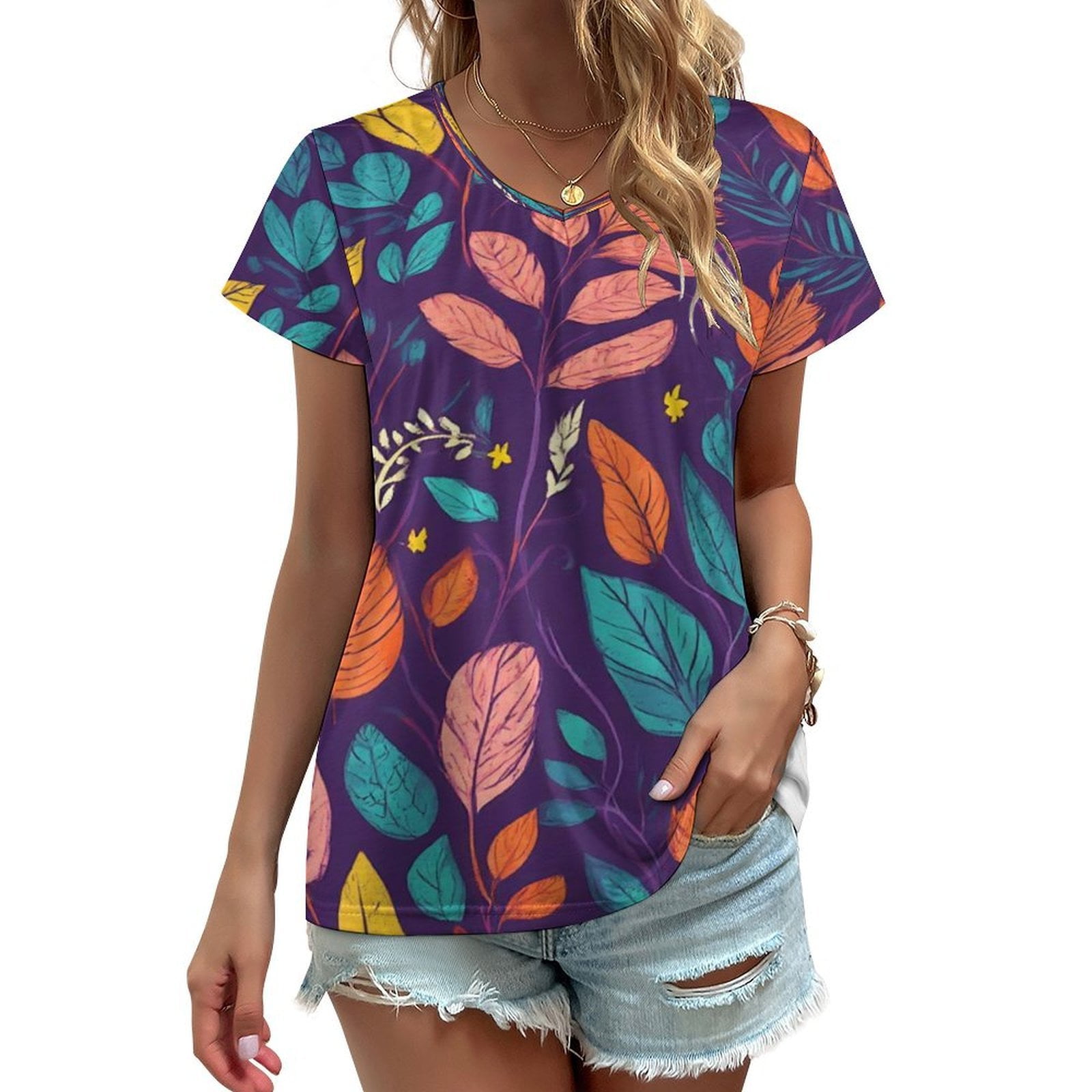 Colorful Autumn Leaves Vibrant Pattern Women's Blouse Short Sleeve ...