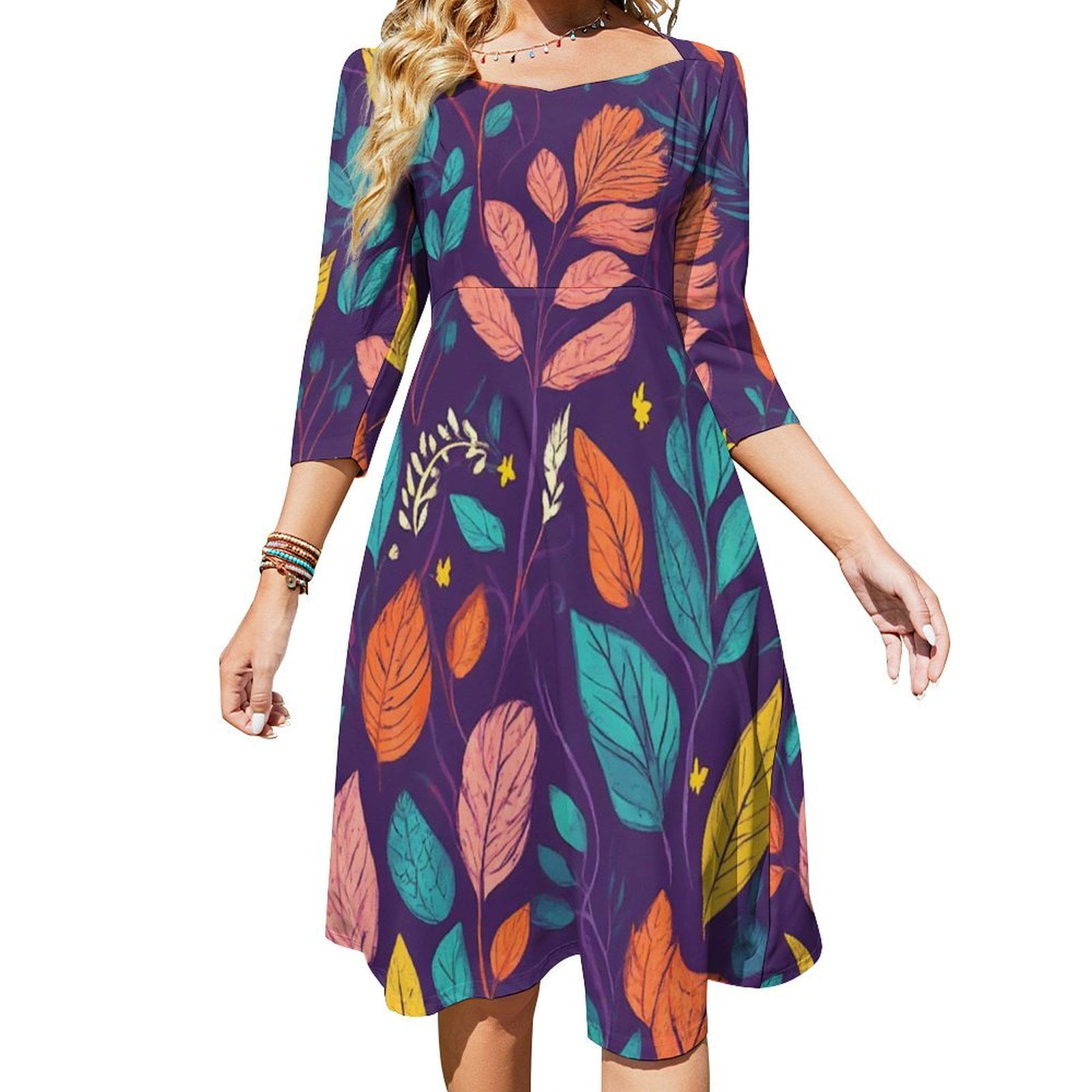 Colorful Autumn Leaves Vibrant Pattern Women's Fall Dresses Casual ...
