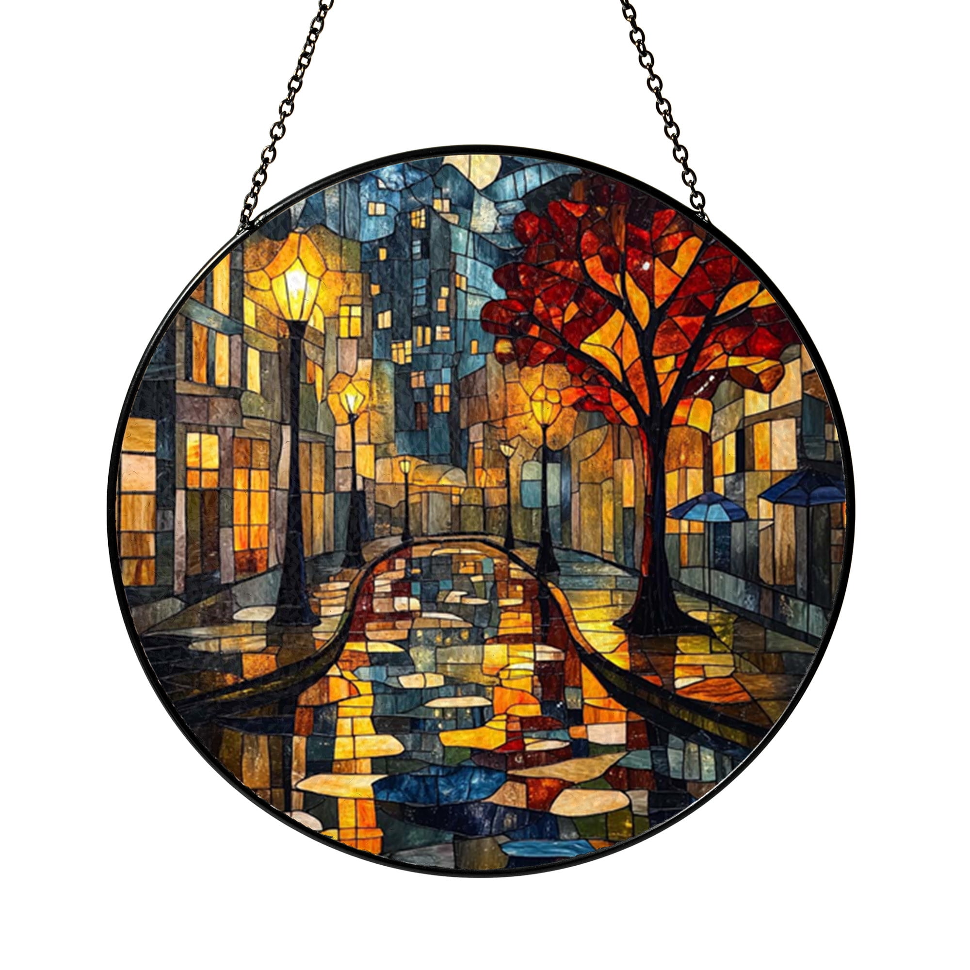 Colorful Autumn Street Stained Glass Suncatcher Window Hanging Decor ...