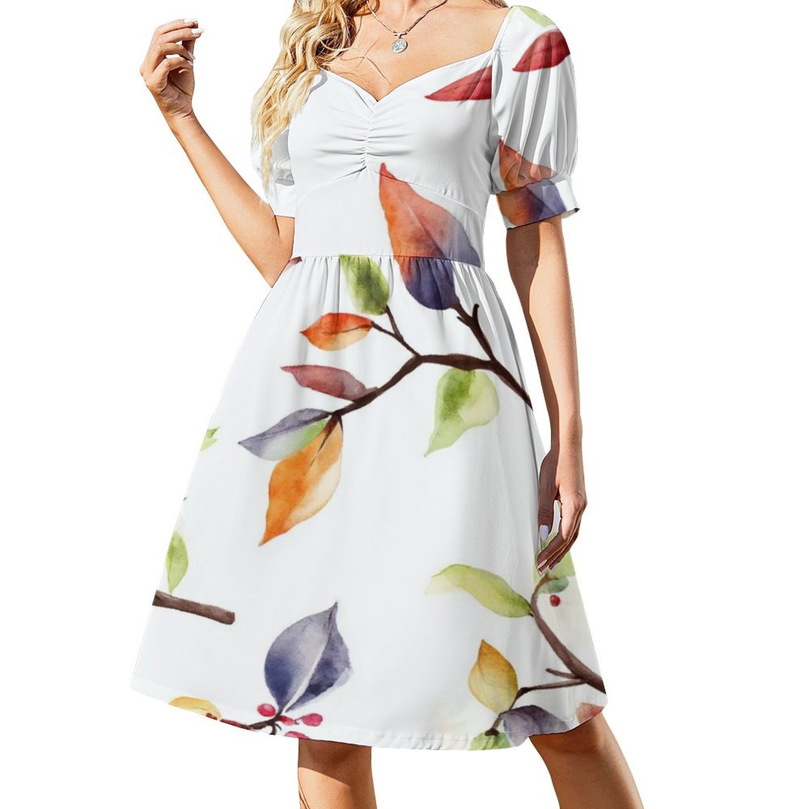 Colorful Autumn Watercolor Leaves Short Sleeve Dress Clothes Women's ...