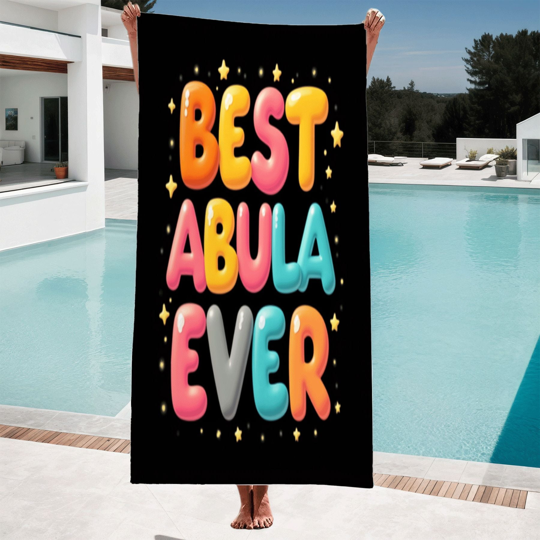 Colorful ' BEST ABULA EVER ' Beach Towel - Vibrant Text on Black ...