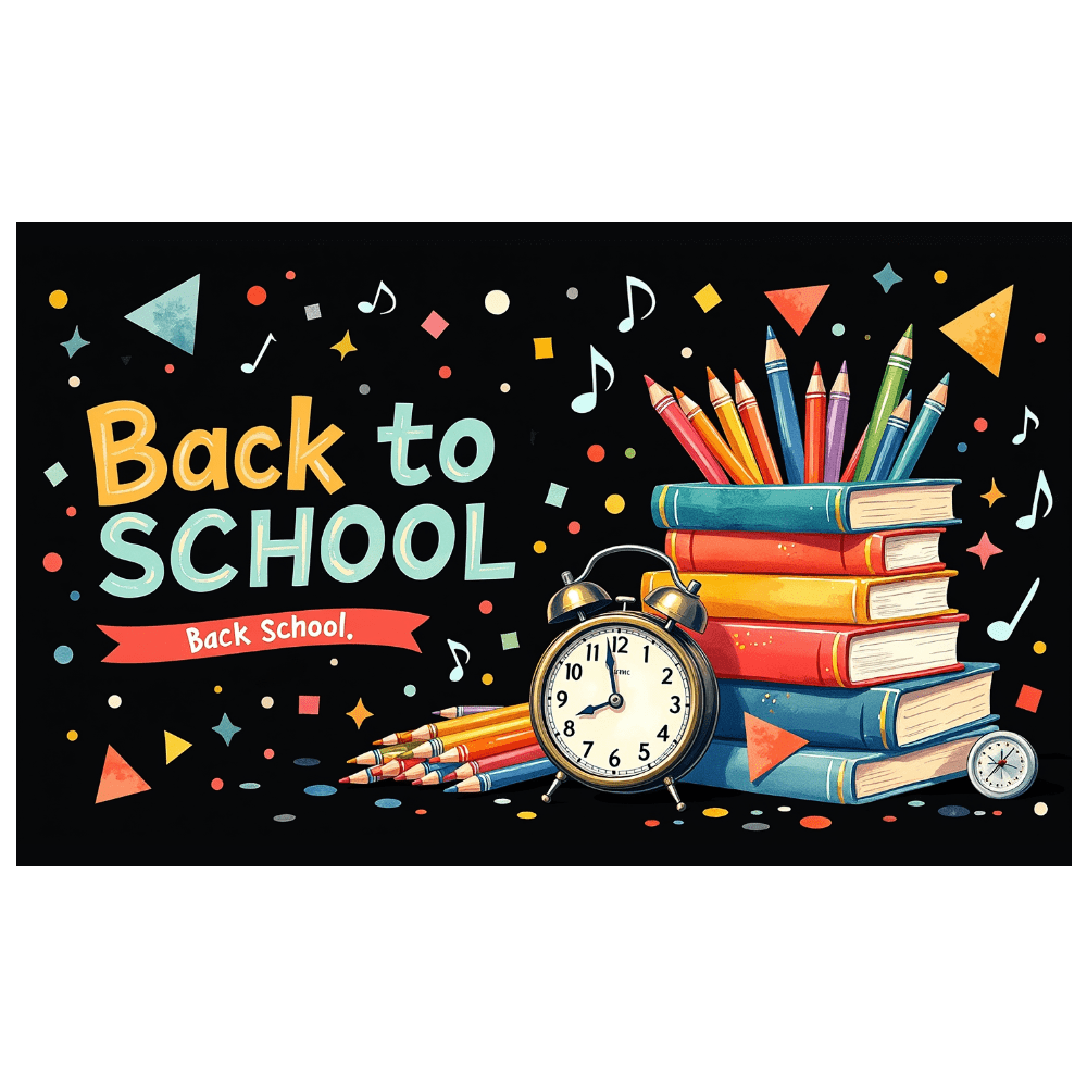 Colorful Back to School Themed Banner with Alarm Clock Pencils Compass ...