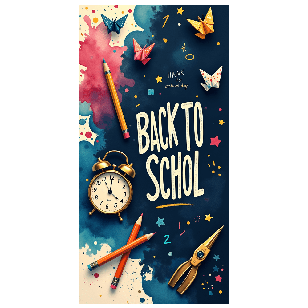 Colorful Back to School Themed Banner with Alarm Clock Pencils Compass ...