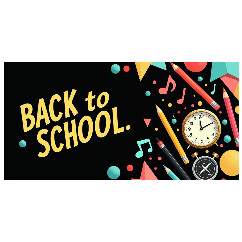 Colorful Back to School Themed Banner with Alarm Clock Pencils Compass ...