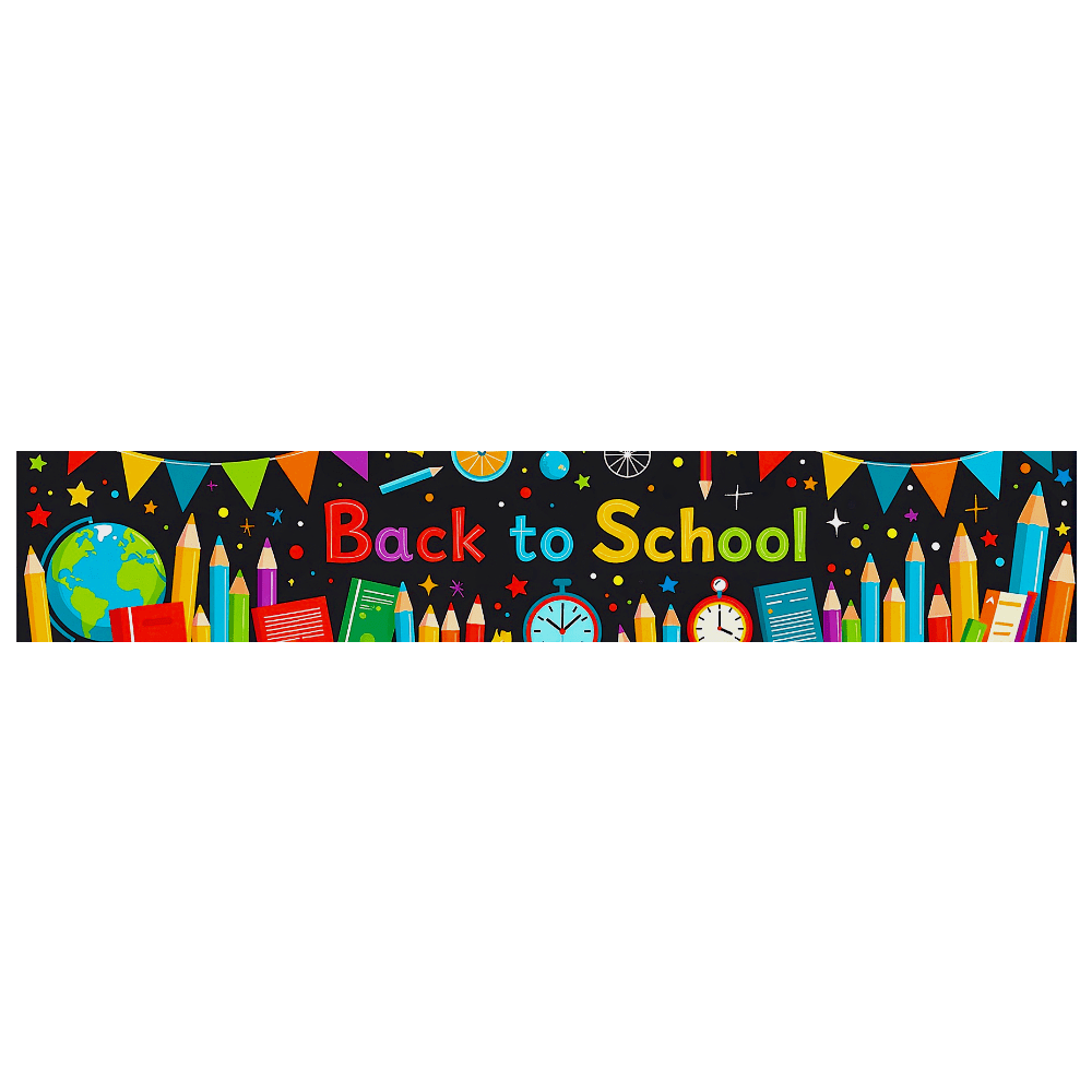 Colorful Back to School Themed Banner with Books Pencils Clocks Stars ...