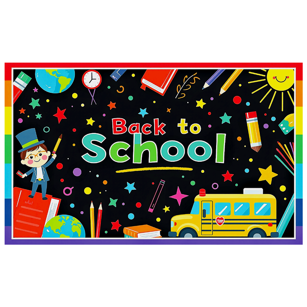 Colorful Back to School Themed Banner with School Supplies Elements Sun ...