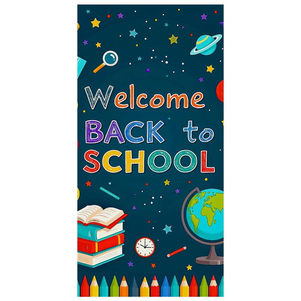 Colorful Back to School Themed Banner with Stars Books Globe Props ...