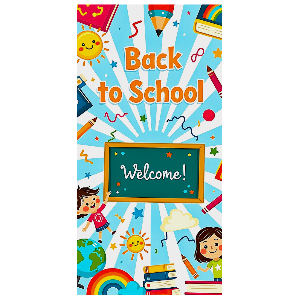 Colorful Back to School Themed Banner with Sun Kids Chalkboard Supplies ...