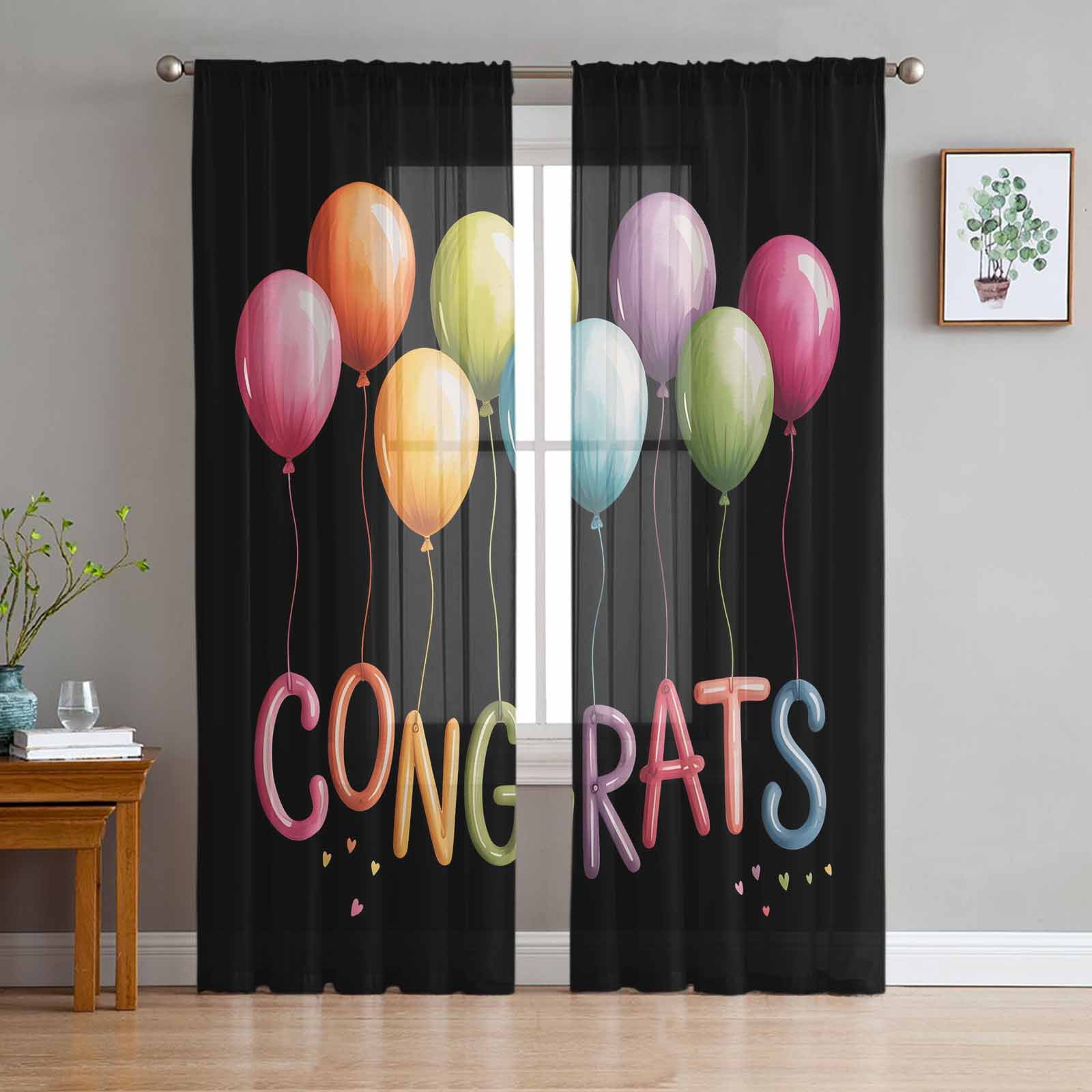 Colorful Balloon Graduation Sheer Curtains 63 Inches Length 2 Panels ...