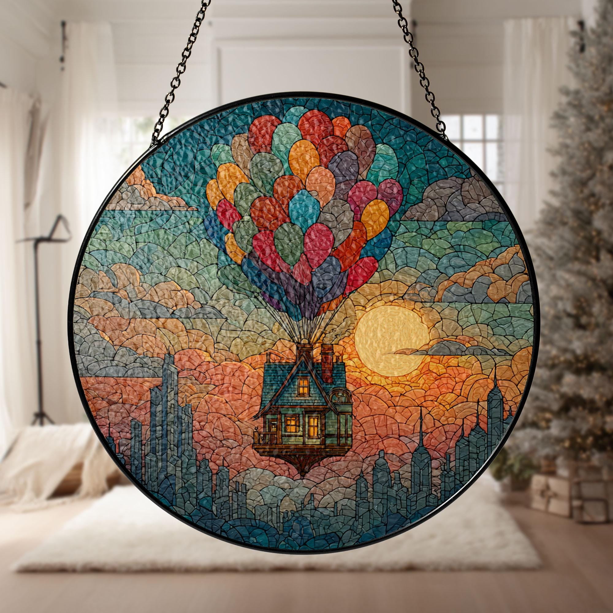 Colorful Balloon House Glass 2D Ornament,Round Hanging Window Art Decor ...