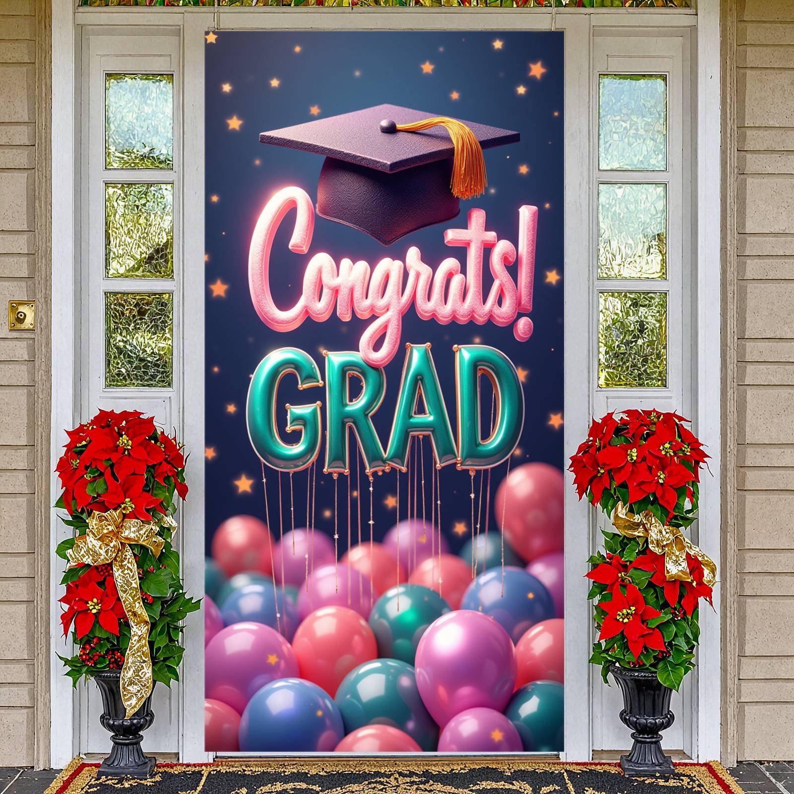Colorful Balloons Congrats Grad Banner Starry Background Graduation ...