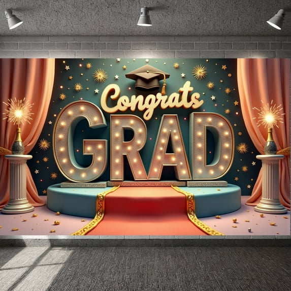 Colorful Balloons Graduation Banner 3D Letters Grad Backdrop Red ...