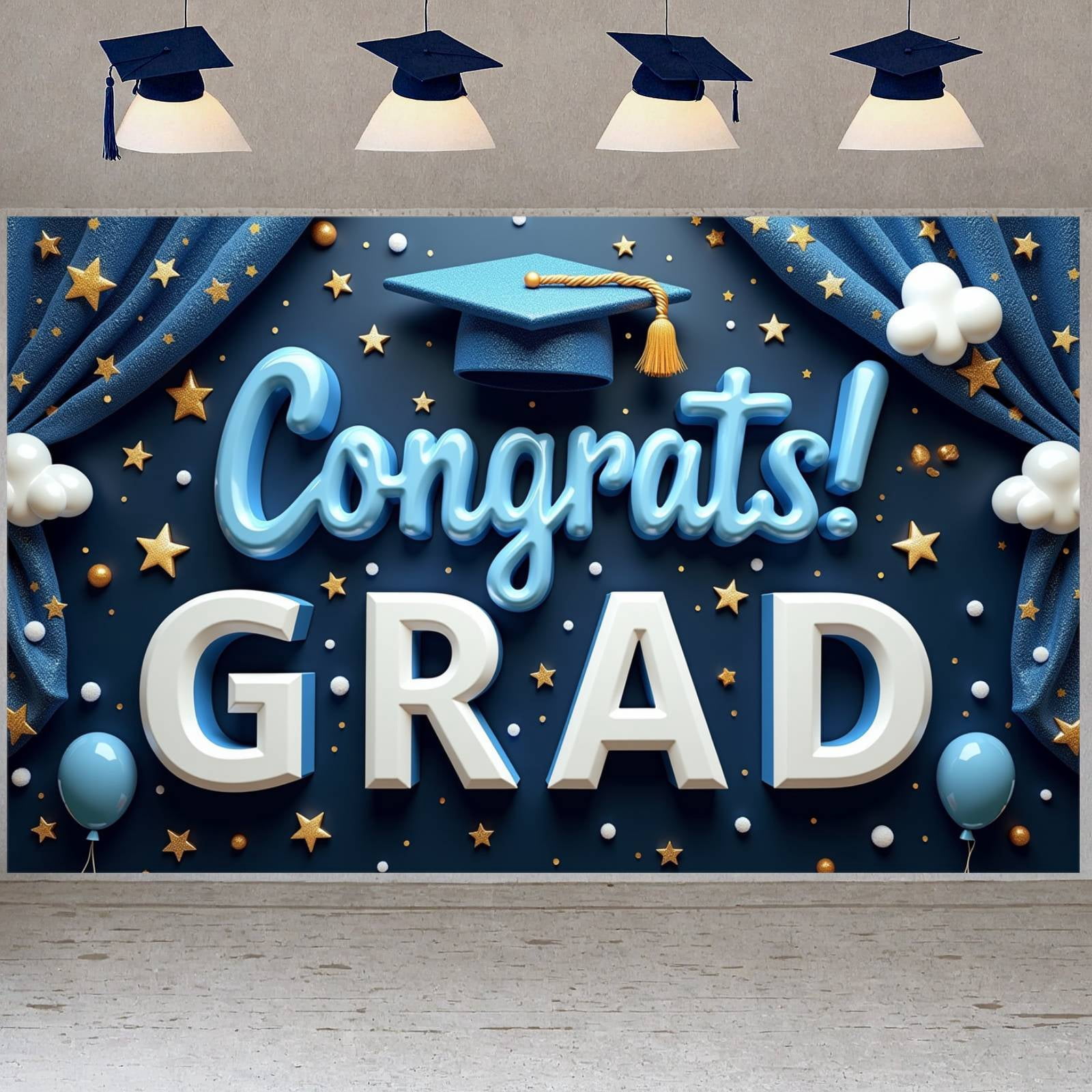 Colorful Balloons Graduation Banner Graduation Cap Congrats Display ...