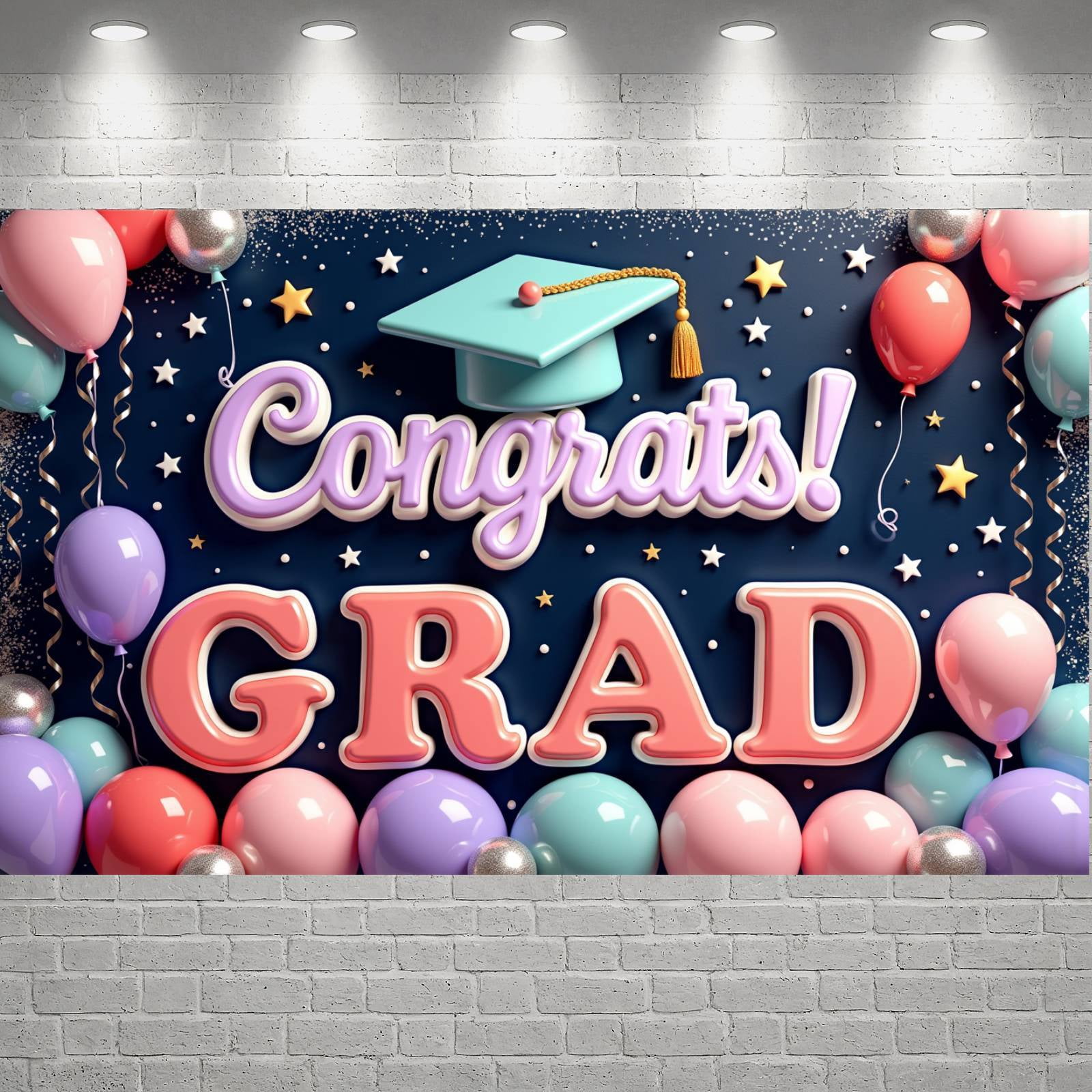 Colorful Balloons Graduation Banner Graduation Cap Congrats Display ...