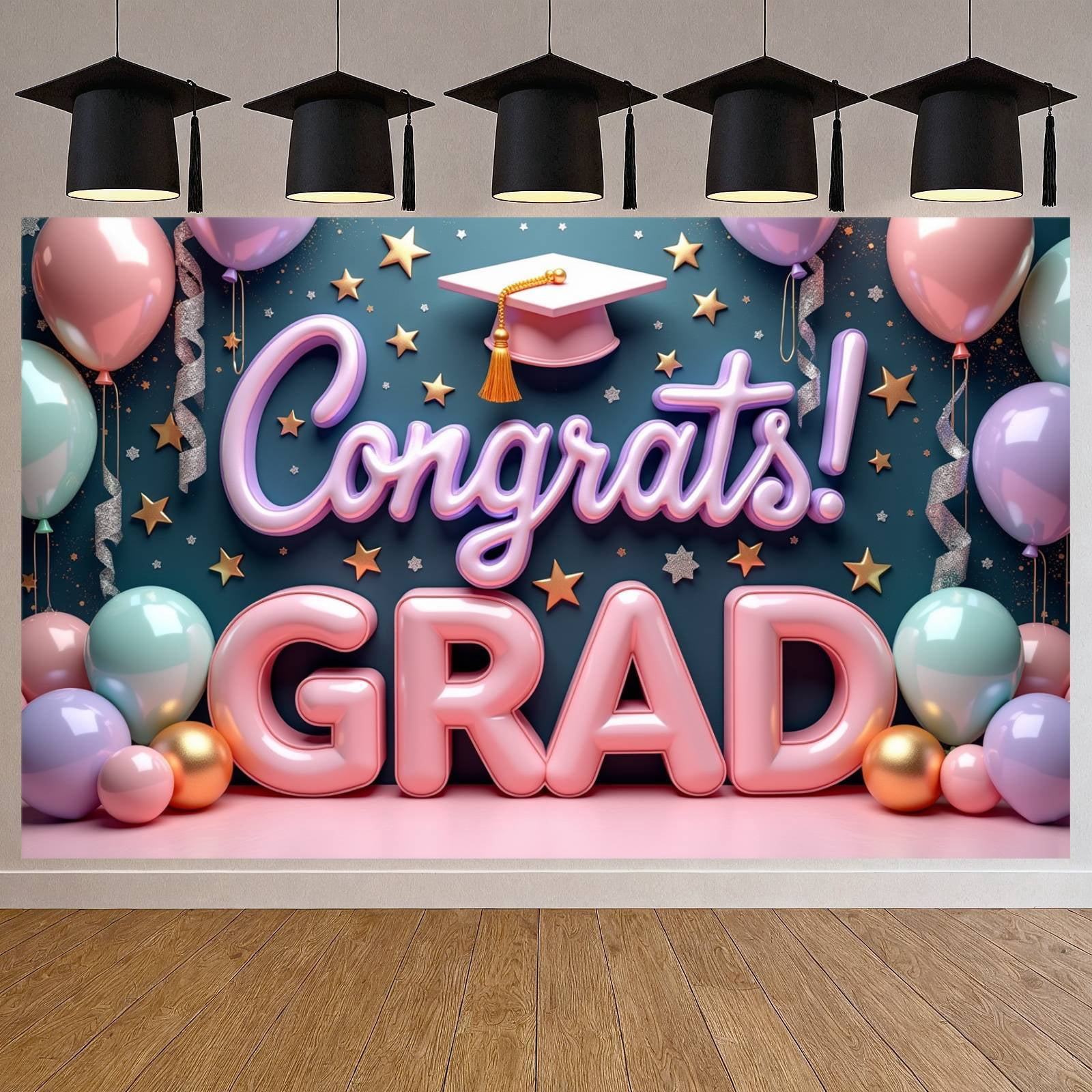 Colorful Balloons Graduation Banner Star Decor Grad Backdrop Grad Cap ...