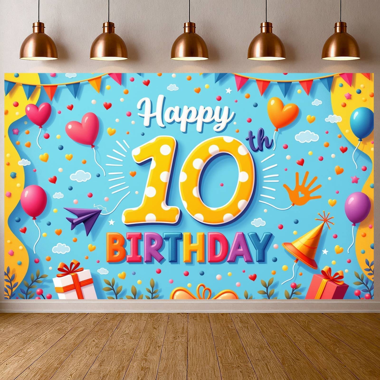 Colorful Balloons Happy 10th Birthday Banner Heart Shaped 10th Birthday ...