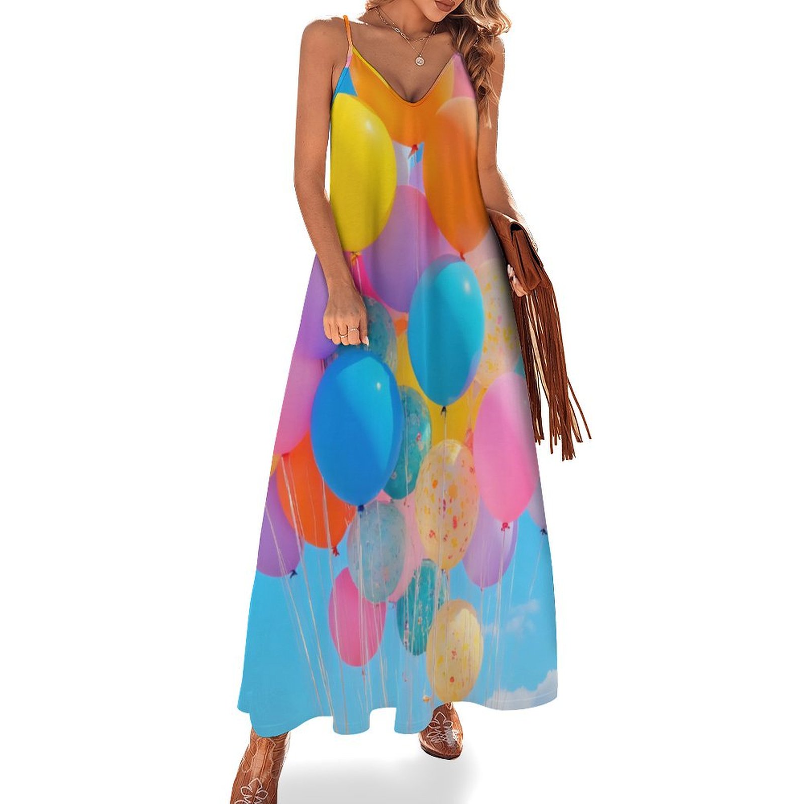 Colorful Balloons with Floral Prints Sleeveless Dress Women's Luxury ...