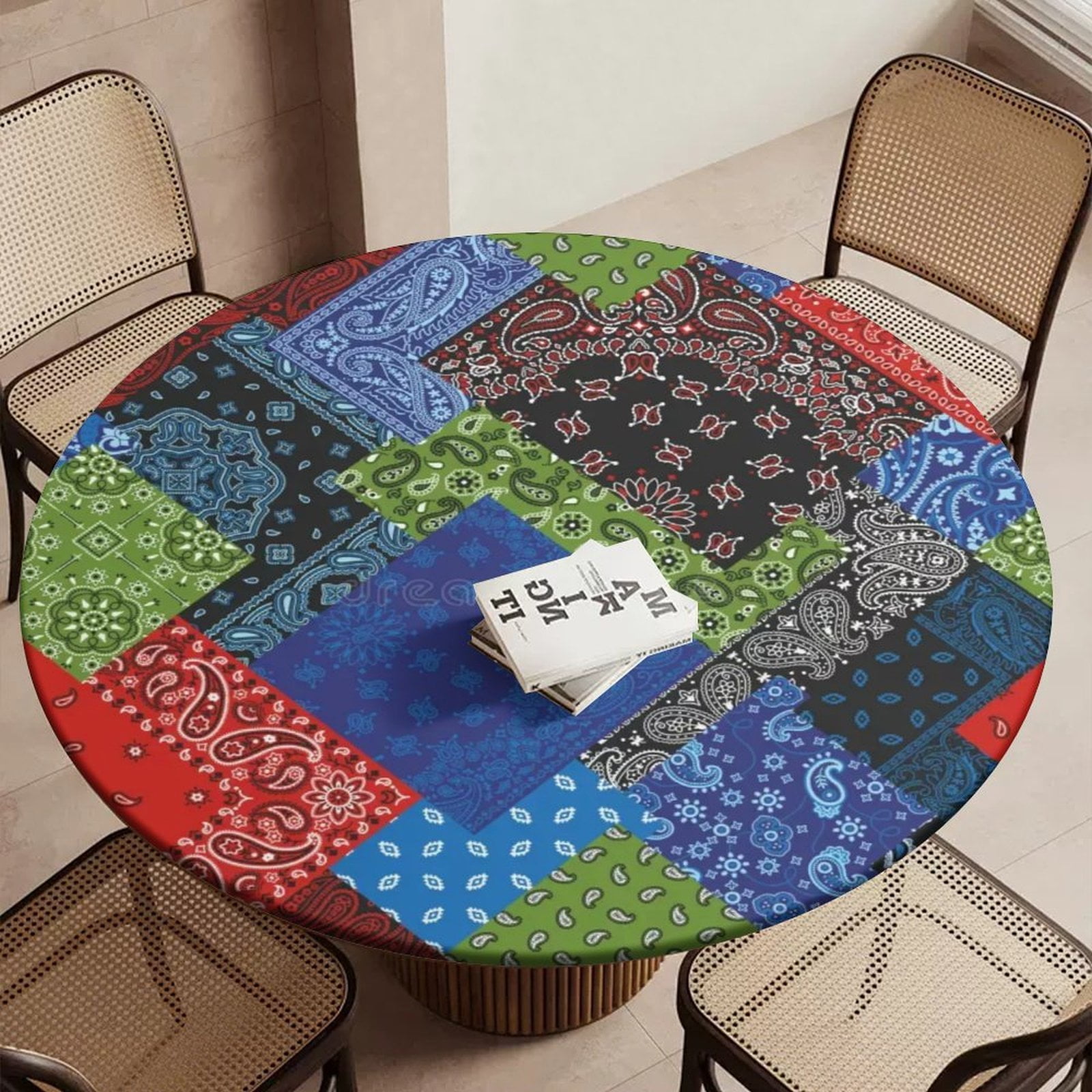 Colorful Bandana Patchwork Pattern Round Table Cover Kitchen Printed ...