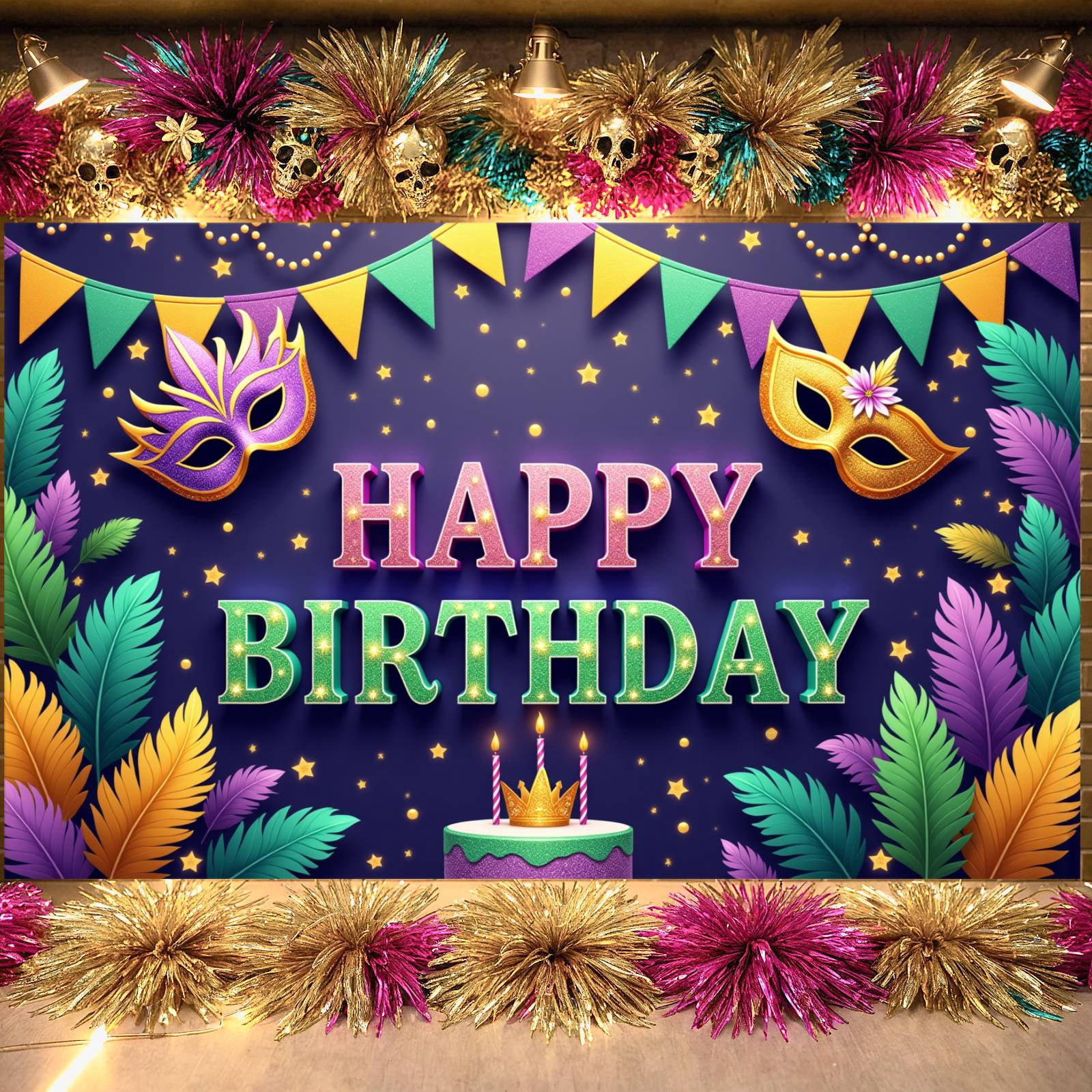 Colorful Banner Masquerade Mask Birthday Party Display Feather Decor ...