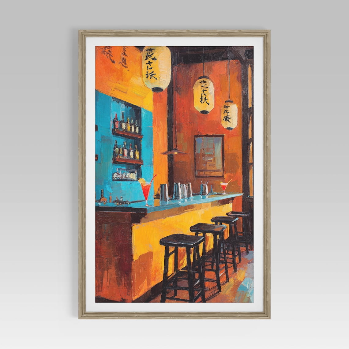 Colorful Bar Scene, Retro Bar Print With Cocktails And Lanterns,Wall ...