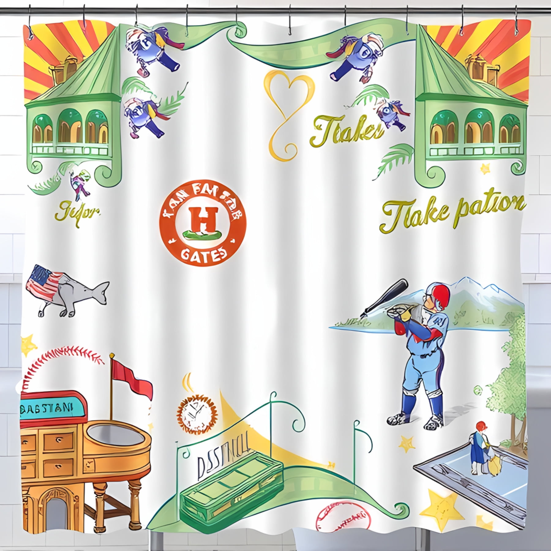 Colorful Baseball Stadium Shower Curtain with Playful Cartoon ...