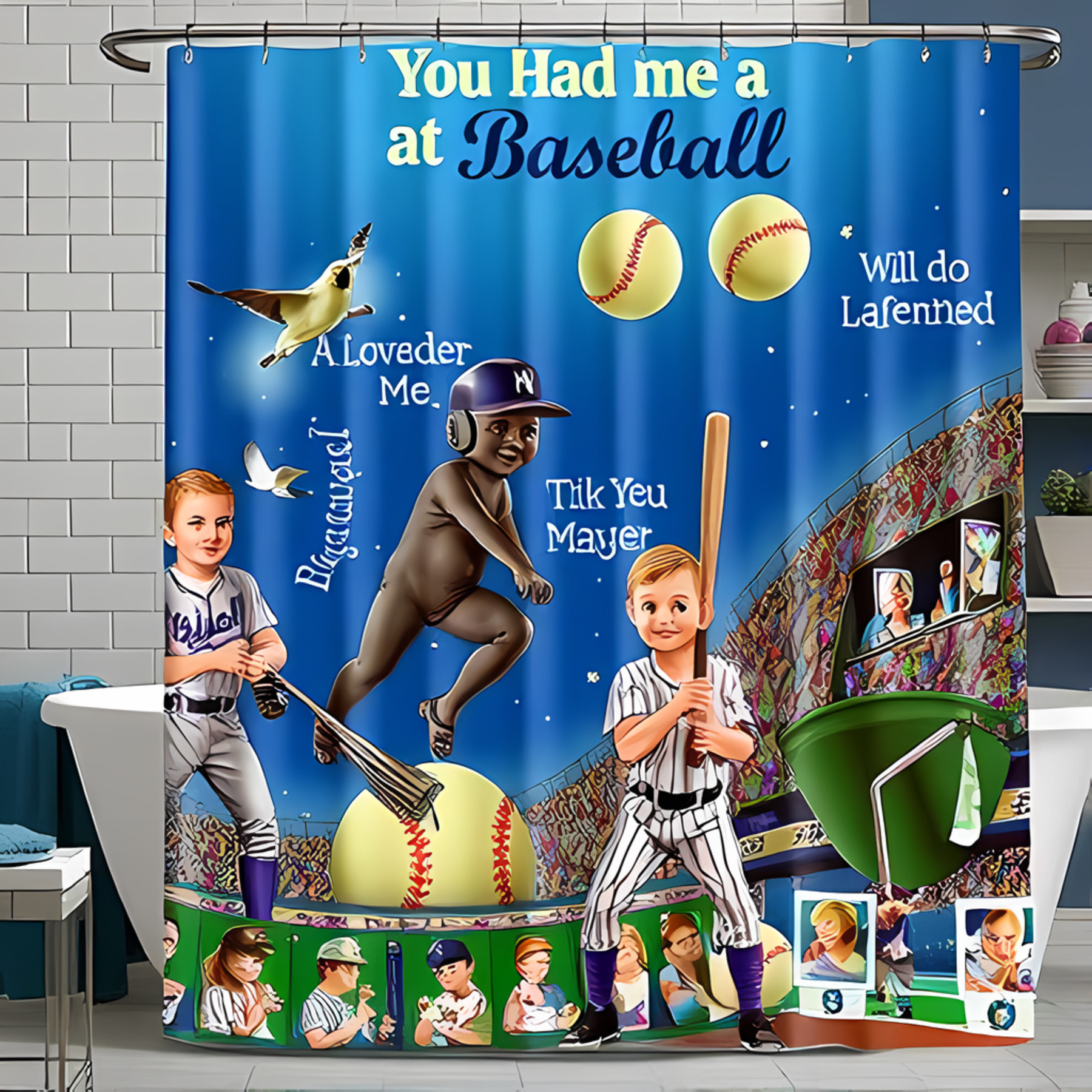 Colorful Baseball Theme Shower Curtain Featuring Playful in Uniforms ...